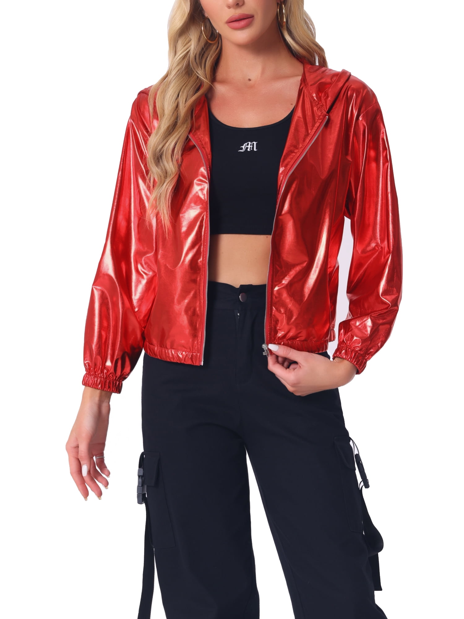 INSPIRE CHIC Women's Jacket Shiny Long Sleeve Lightweight Zipper Hooded ...