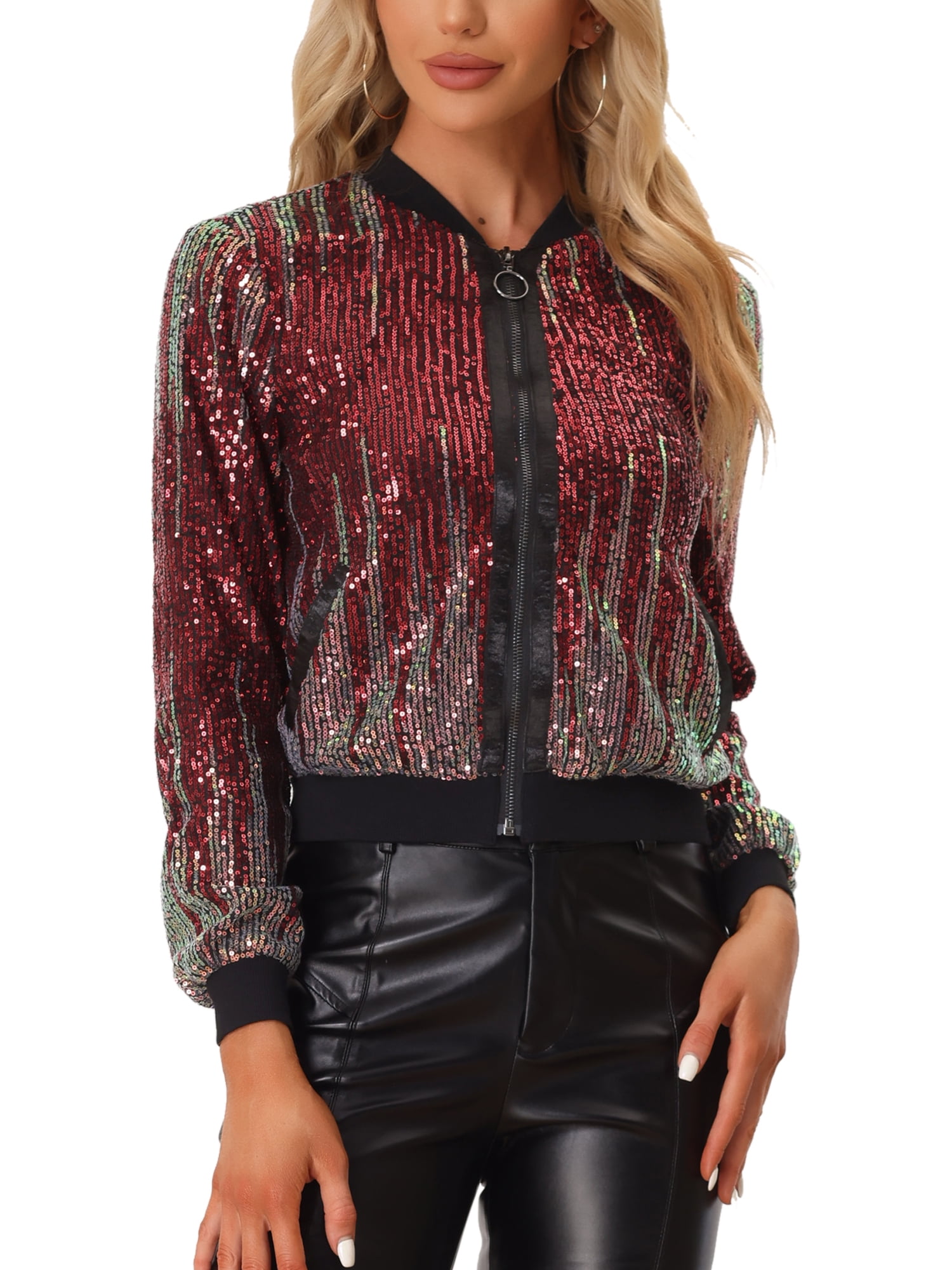 INSPIRE CHIC Women's Sequin Jacket Shiny Ombre Long Sleeve Zipper ...
