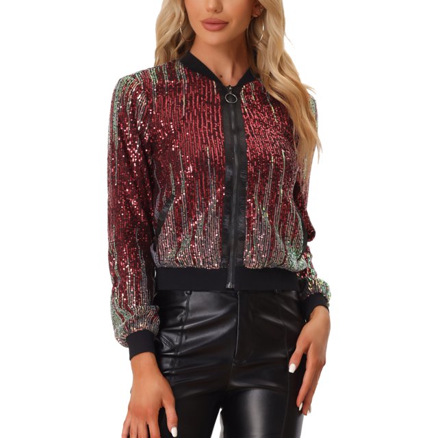 INSPIRE CHIC Women's Sequin Jacket Shiny Ombre Long Sleeve Zipper ...