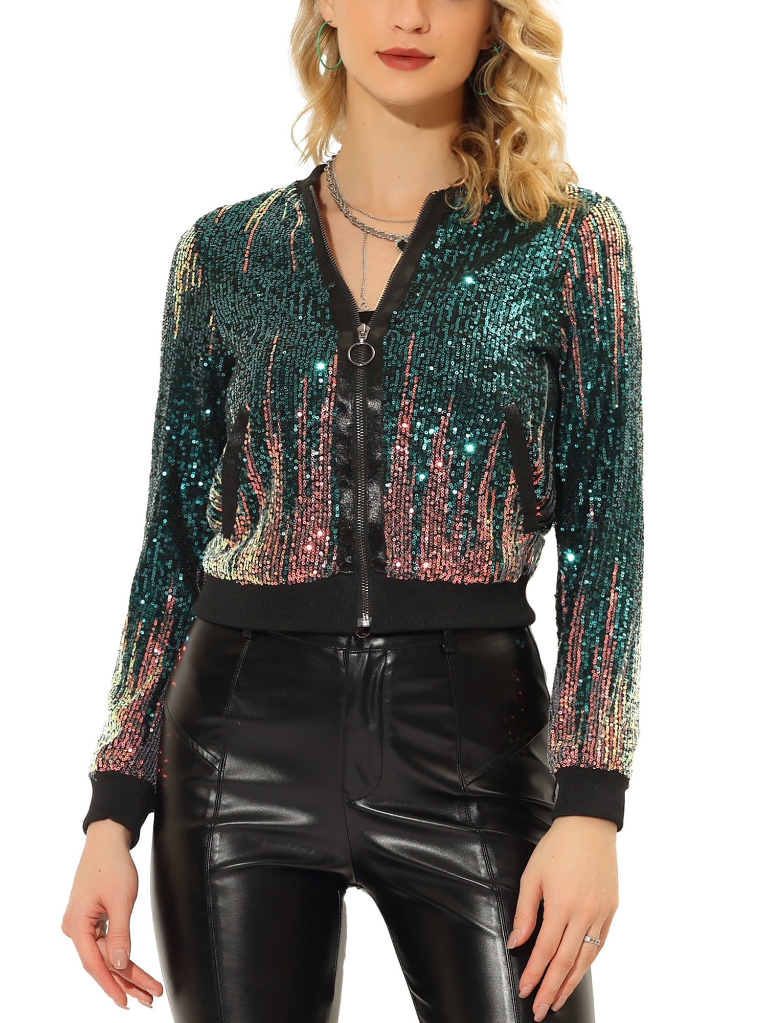 INSPIRE CHIC Women's Shiny Ombre Sequin Long Sleeve Zipper Bomber Short ...