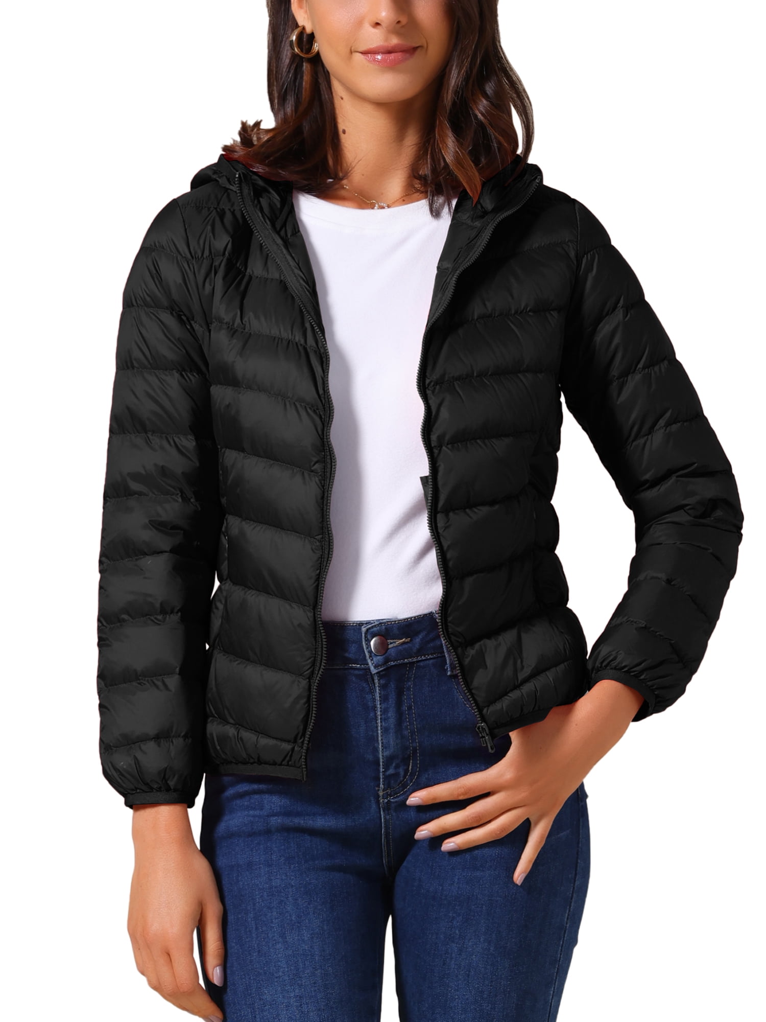 INSPIRE CHIC Women's Short Down Coat Packable Hooded Puffer Jacket Winter Ultra Light Outerwear ...