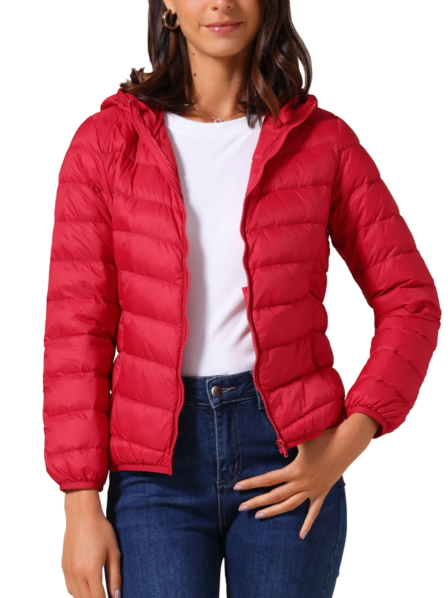 Allegra K Women's Short Down Coat Packable Hooded Puffer Jacket Winter ...