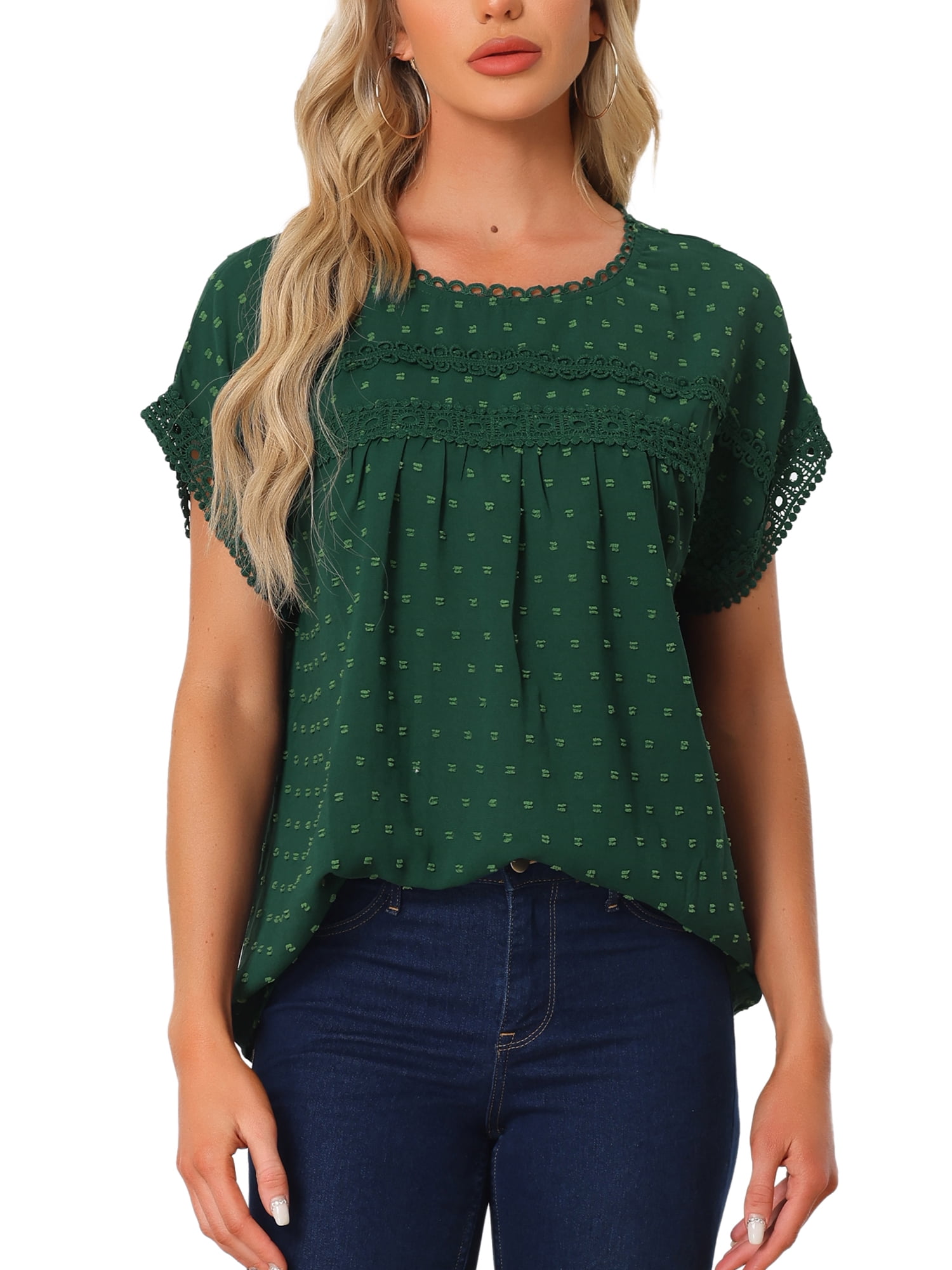 INSPIRE CHIC Women's Short Sleeve Casual Crew Neck Lace Trim Pleated ...