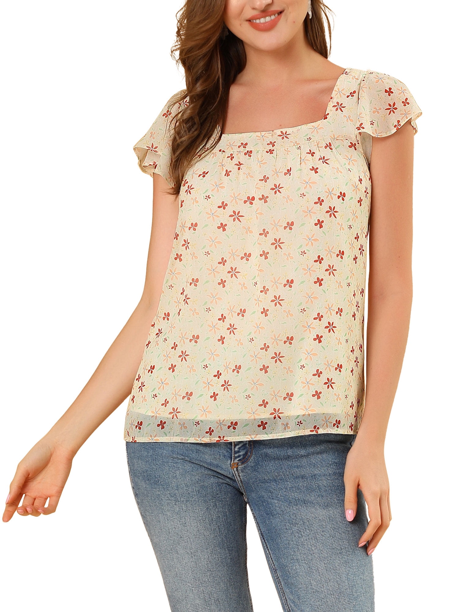 Allegra K Women's Short Sleeve Square Neck Ruffled Floral Chiffon ...