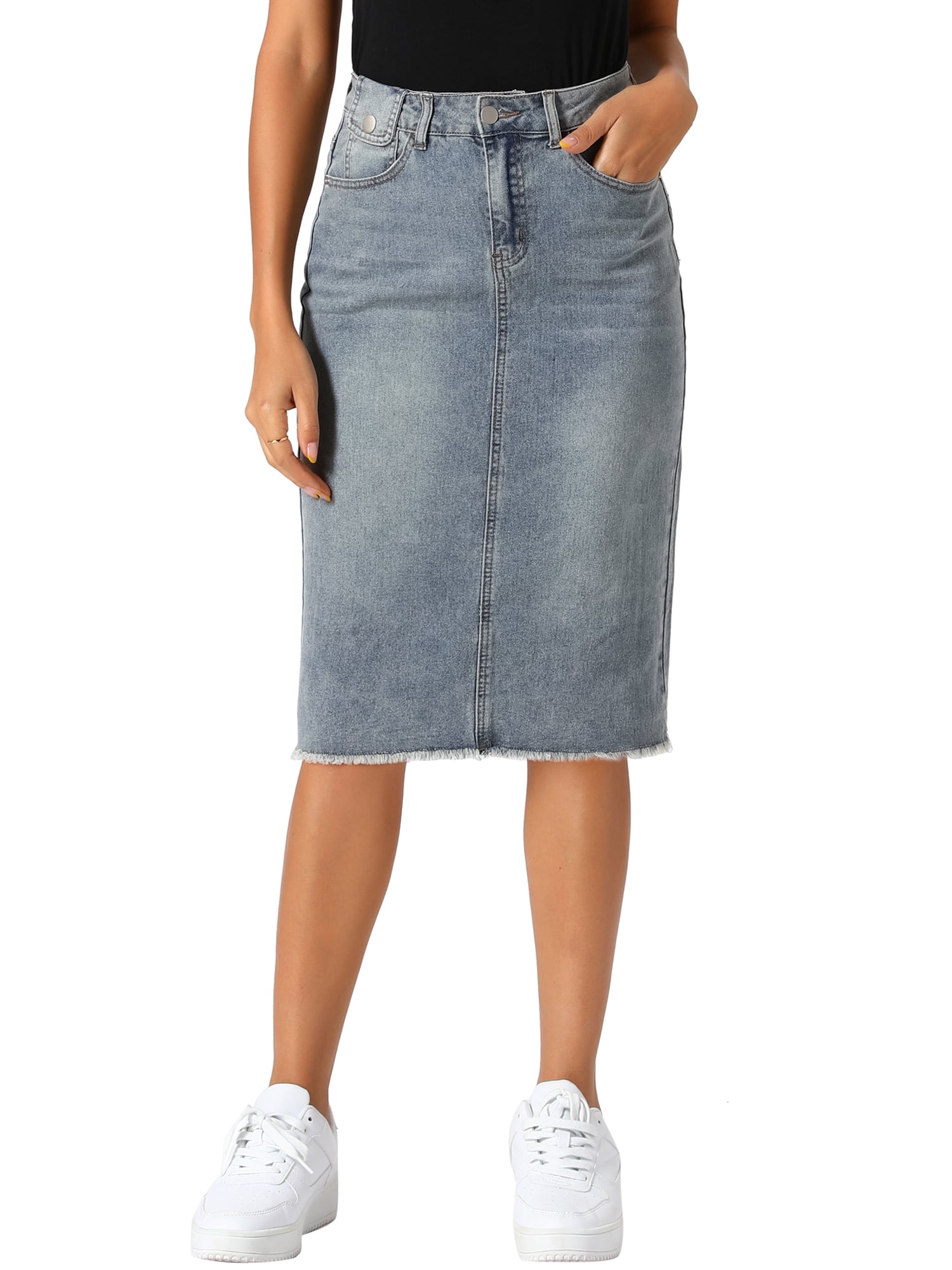 INSPIRE CHIC Women's Denim Skirt High Waist Raw Hem Knee Length Wrap ...
