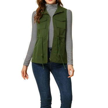 Allegra K Women's Sleeveless Zip Up Drawstring Waist Cargo Vest Jacket ...