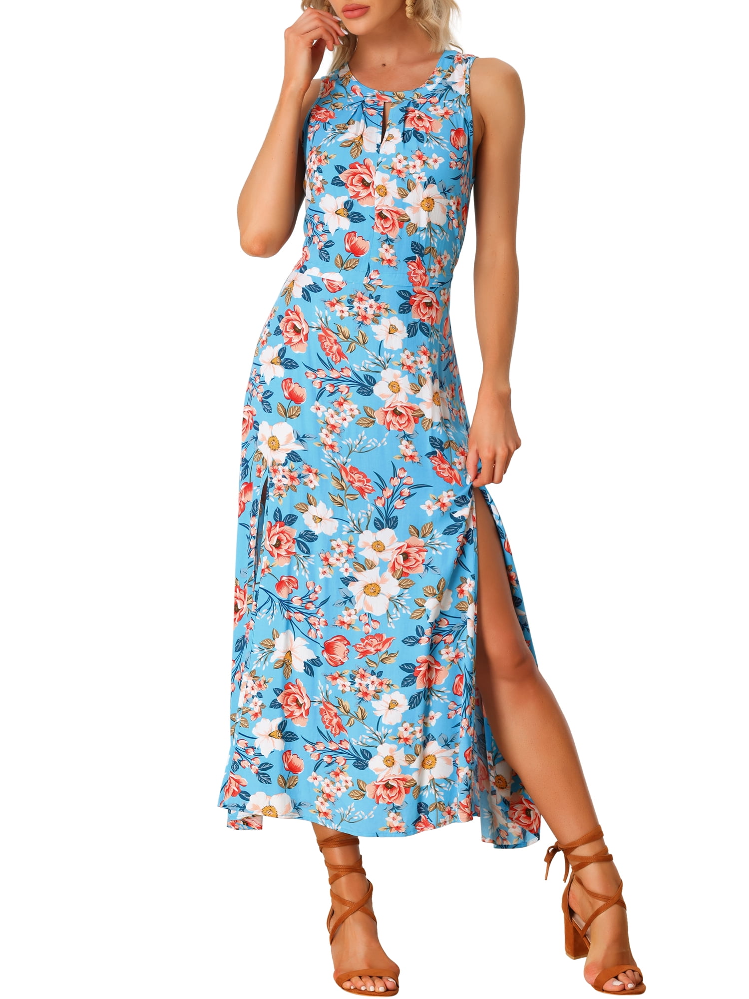 Allegra K Womens Sleeveless Floral Split Hem Keyhole Flowy Summer Boho Maxi Dress