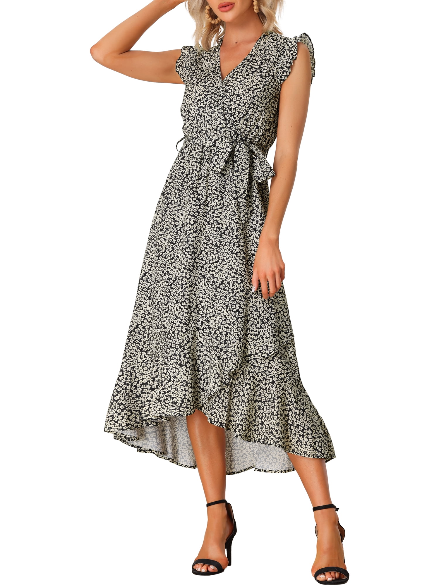 Allegra K Women's Sleeveless Floral Wrap V Neck Belted Ruffles Midi ...