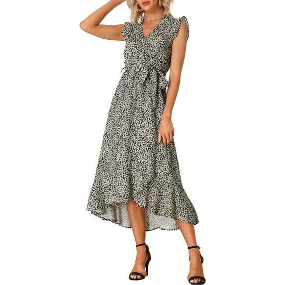 Allegra K Women's Sleeveless Floral Wrap V Neck Belted Ruffles Midi ...