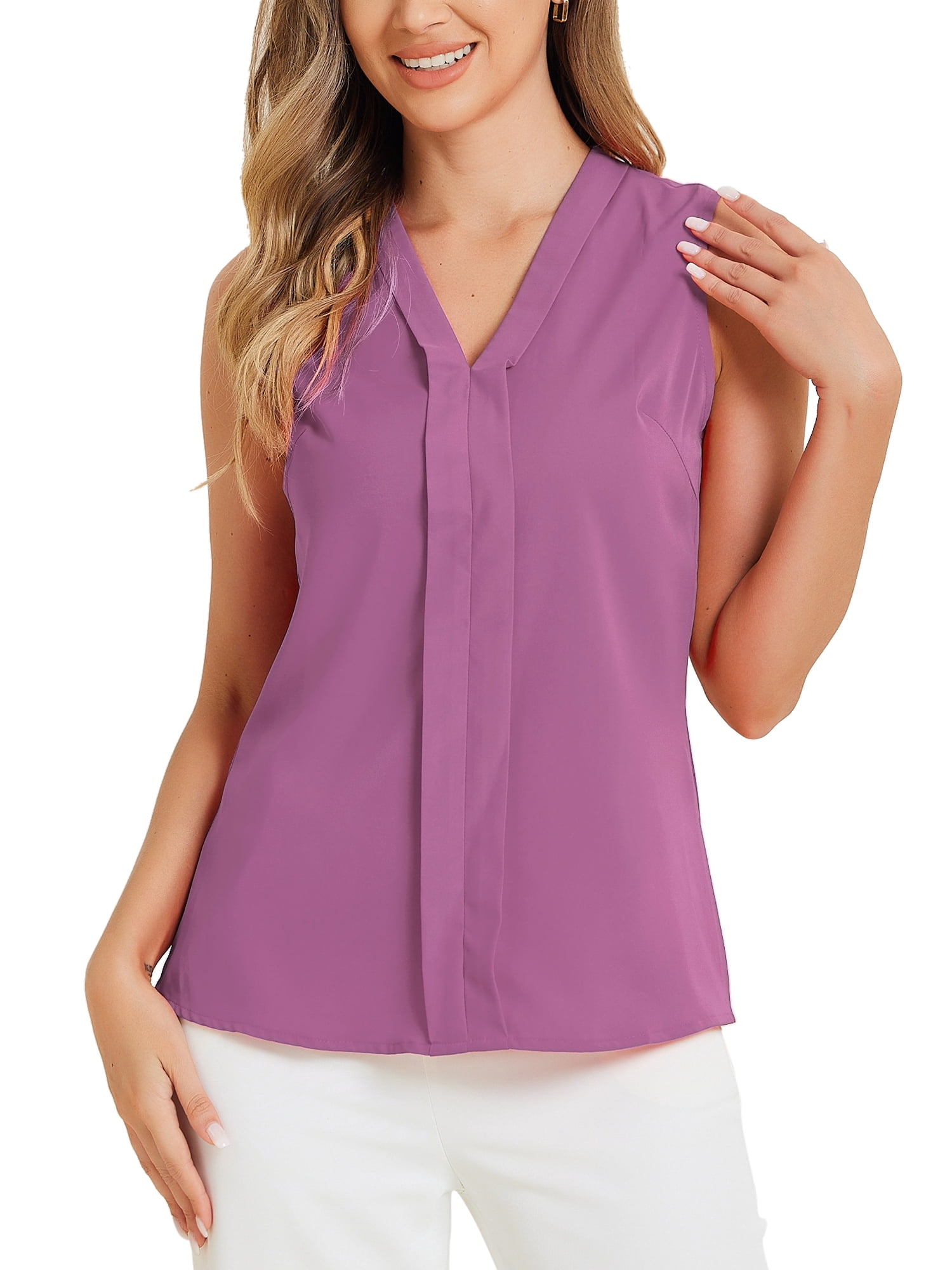INSPIRE CHIC Women's Sleeveless Pleated Front V Neck Work Office ...