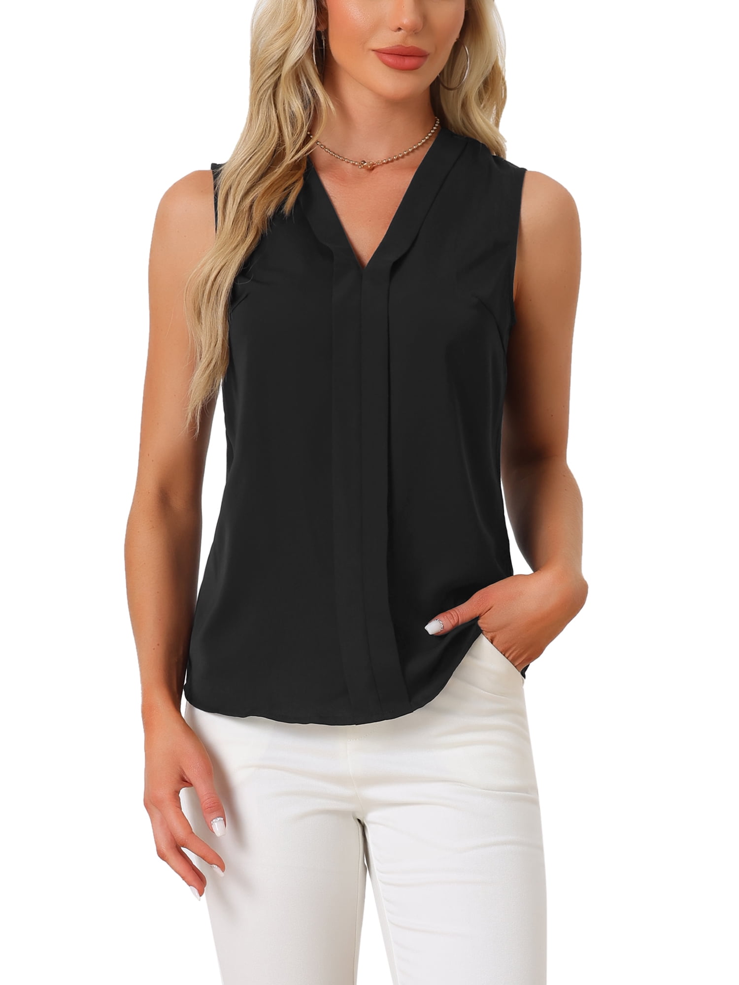INSPIRE CHIC Women's Sleeveless Pleated Front V Neck Work Office ...
