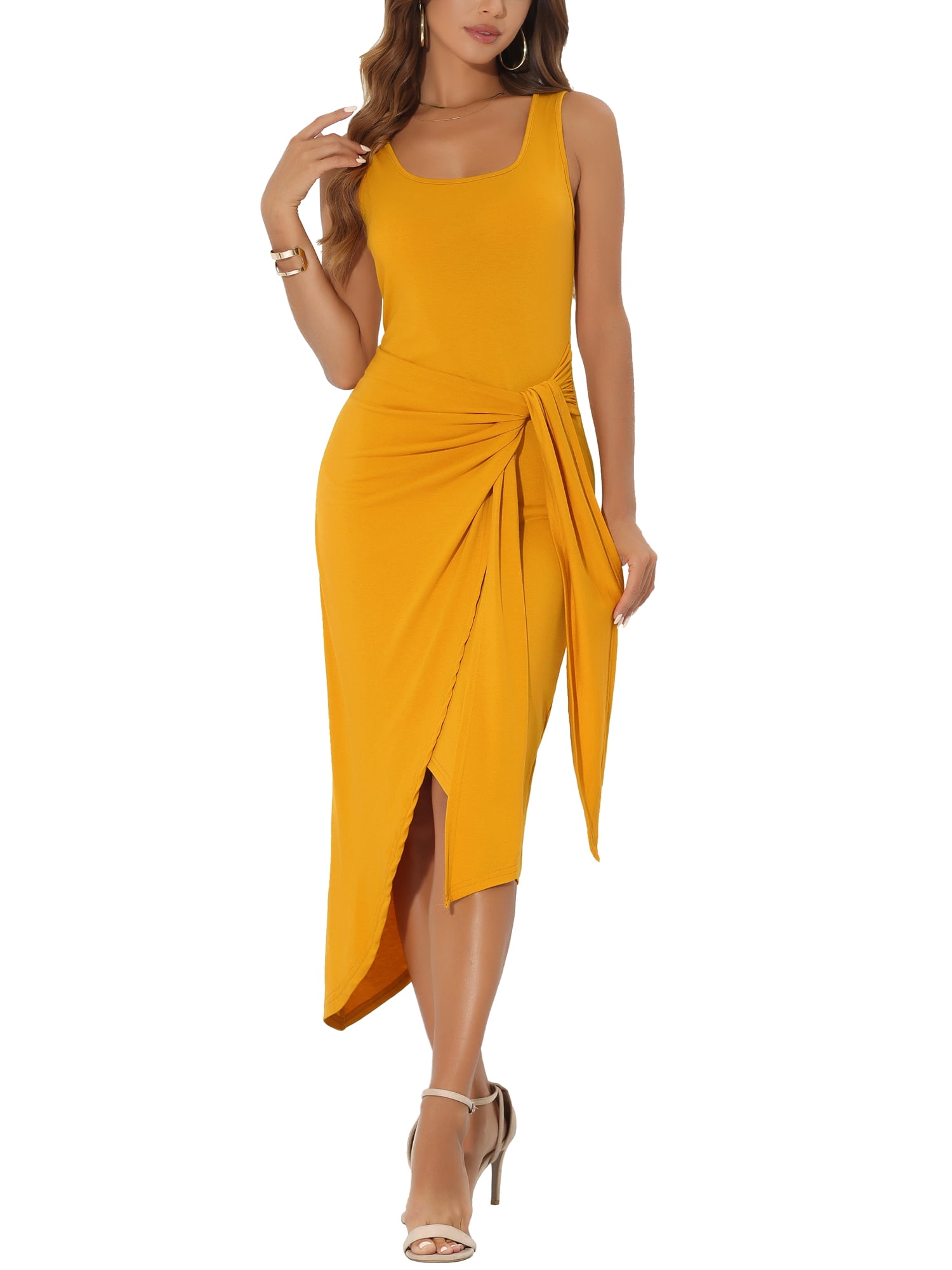 INSPIRE CHIC Women's Sleeveless Scoop Neck Ruched Split Hem Bodycon ...