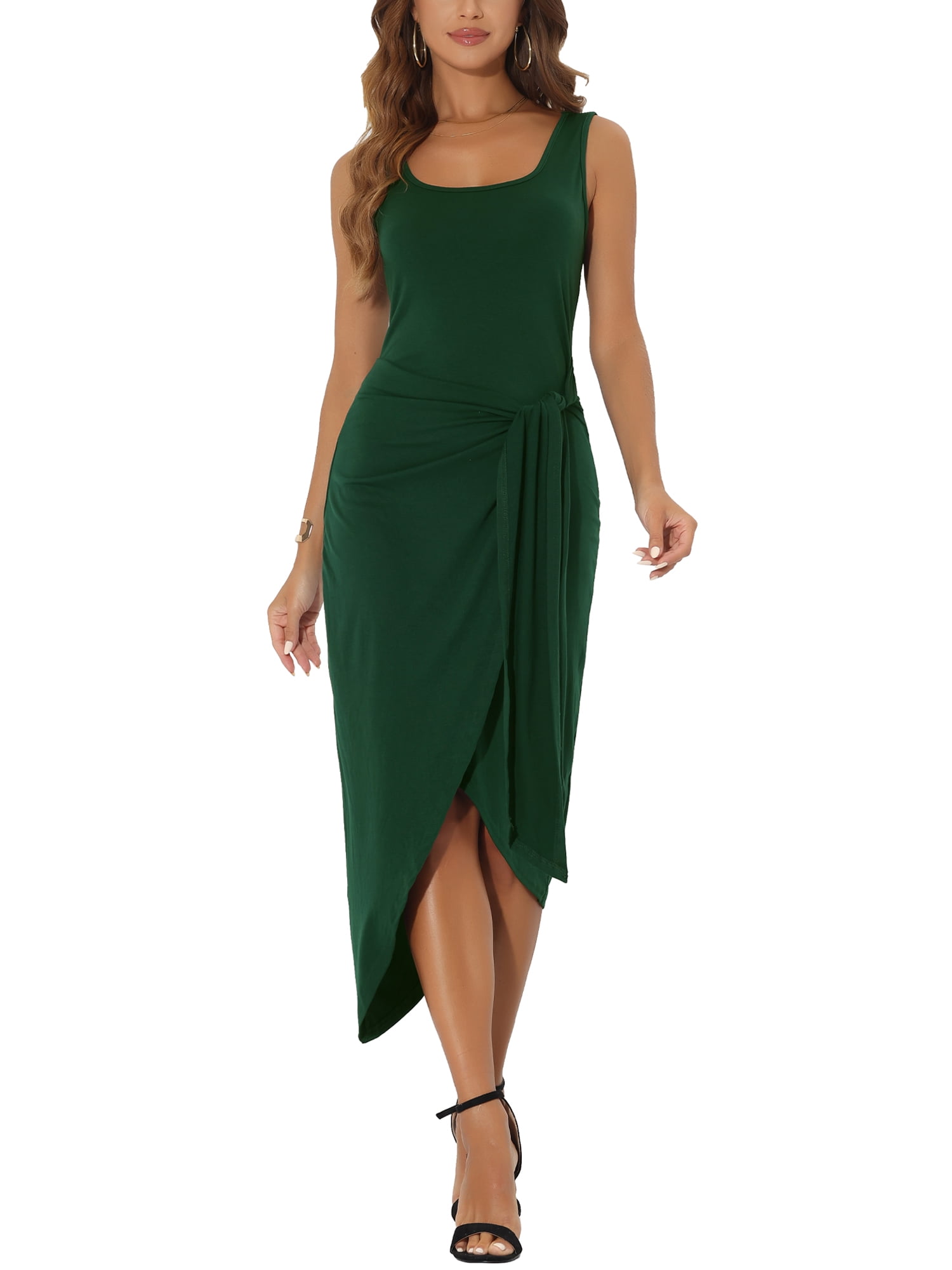 Allegra K Women's Sleeveless Scoop Neck Ruched Split Hem Bodycon Midi ...