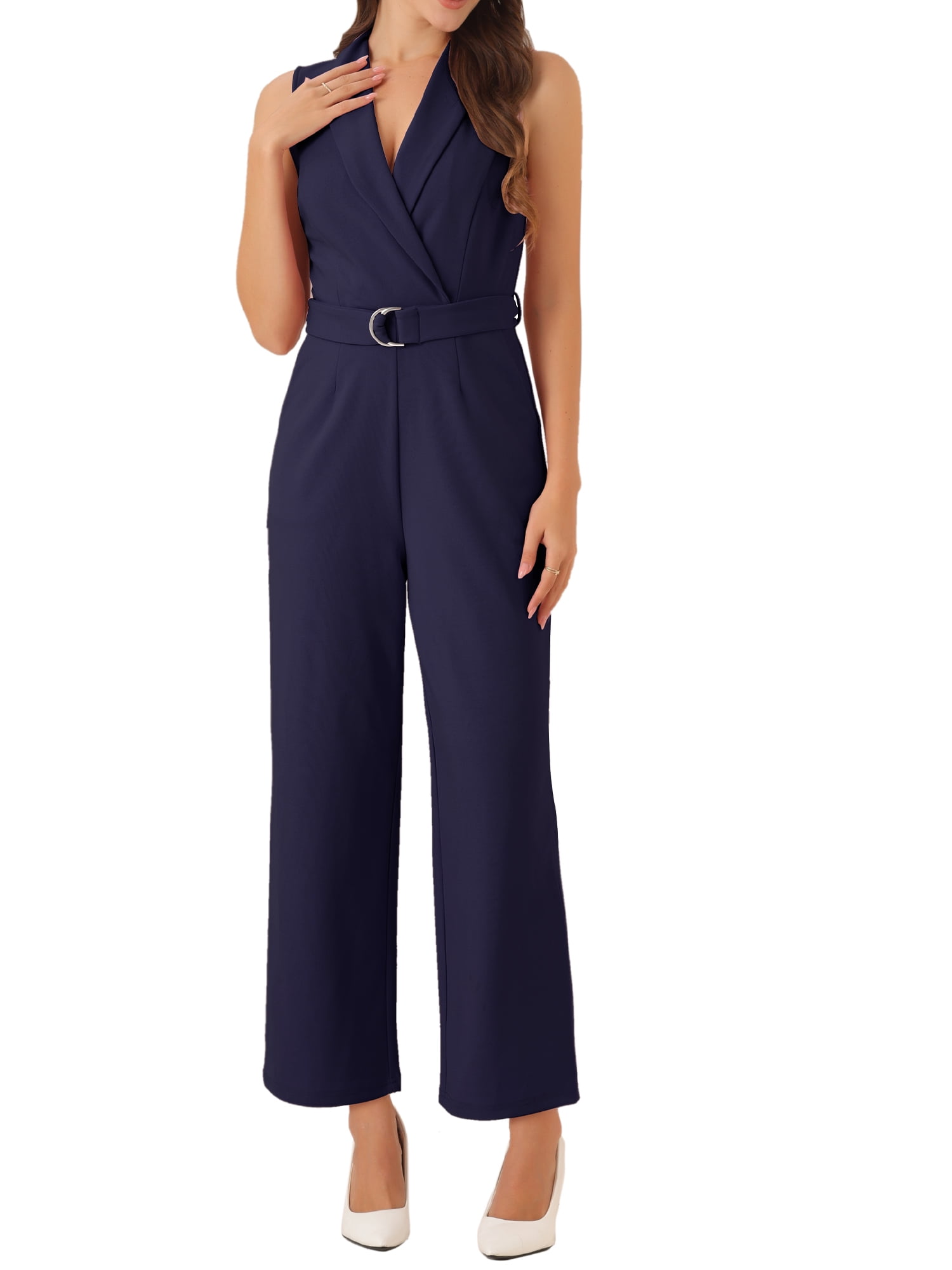 INSPIRE CHIC Women's Sleeveless Shawl Collar Office Belted Cropped ...