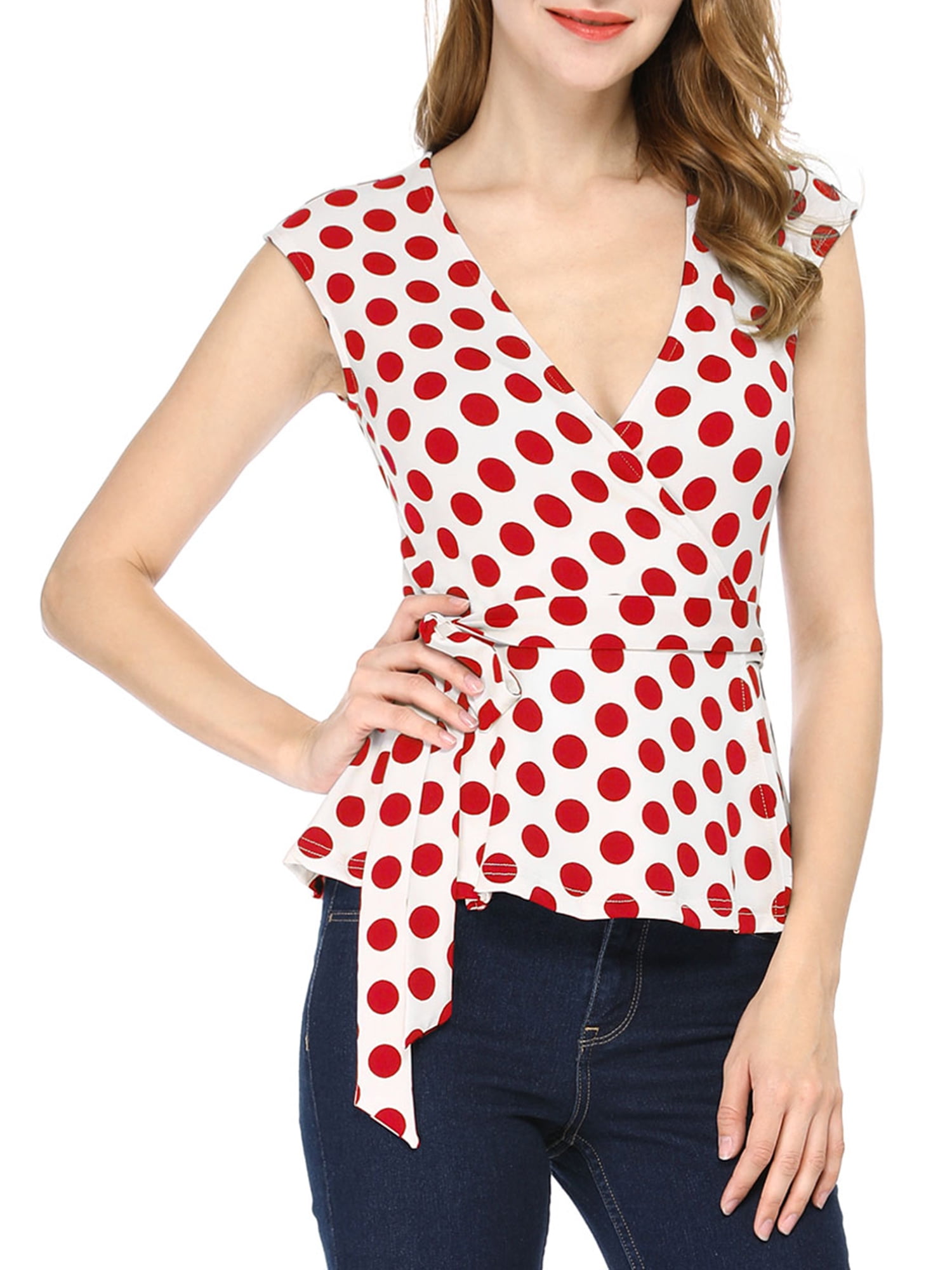 INSPIRE CHIC Women's Sleeveless V-Neck Self Tie Wrap Front Dotted Top S ...