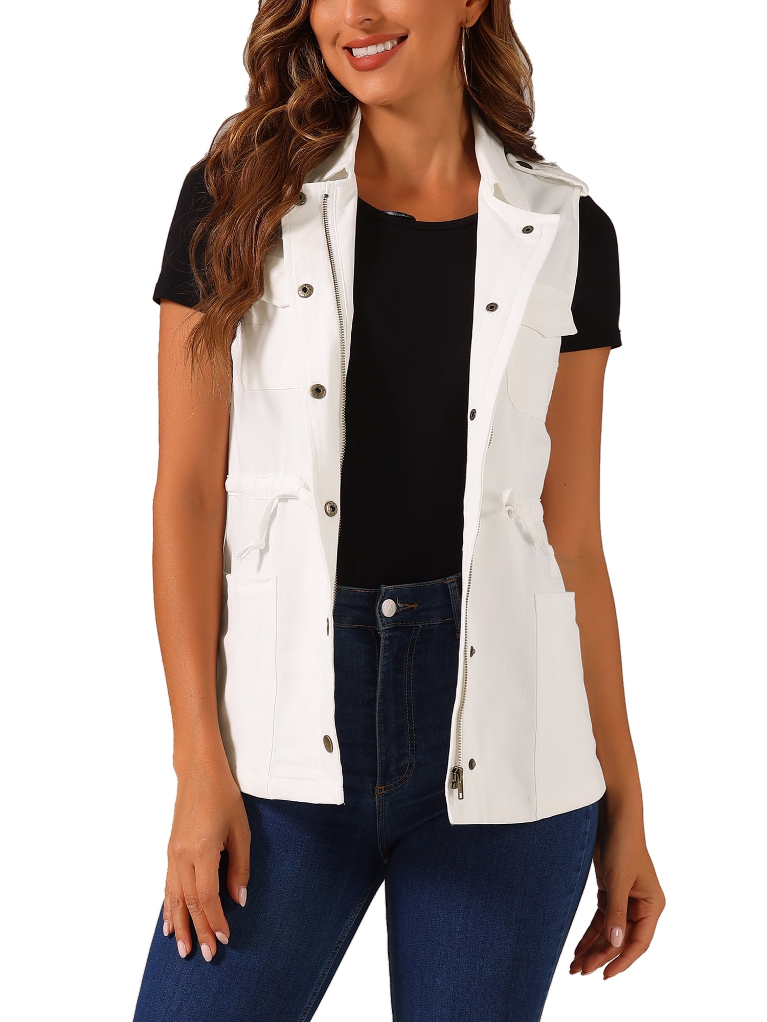 INSPIRE CHIC Women's Sleeveless Jacket Drawstring Waist Zip Up Cotton ...