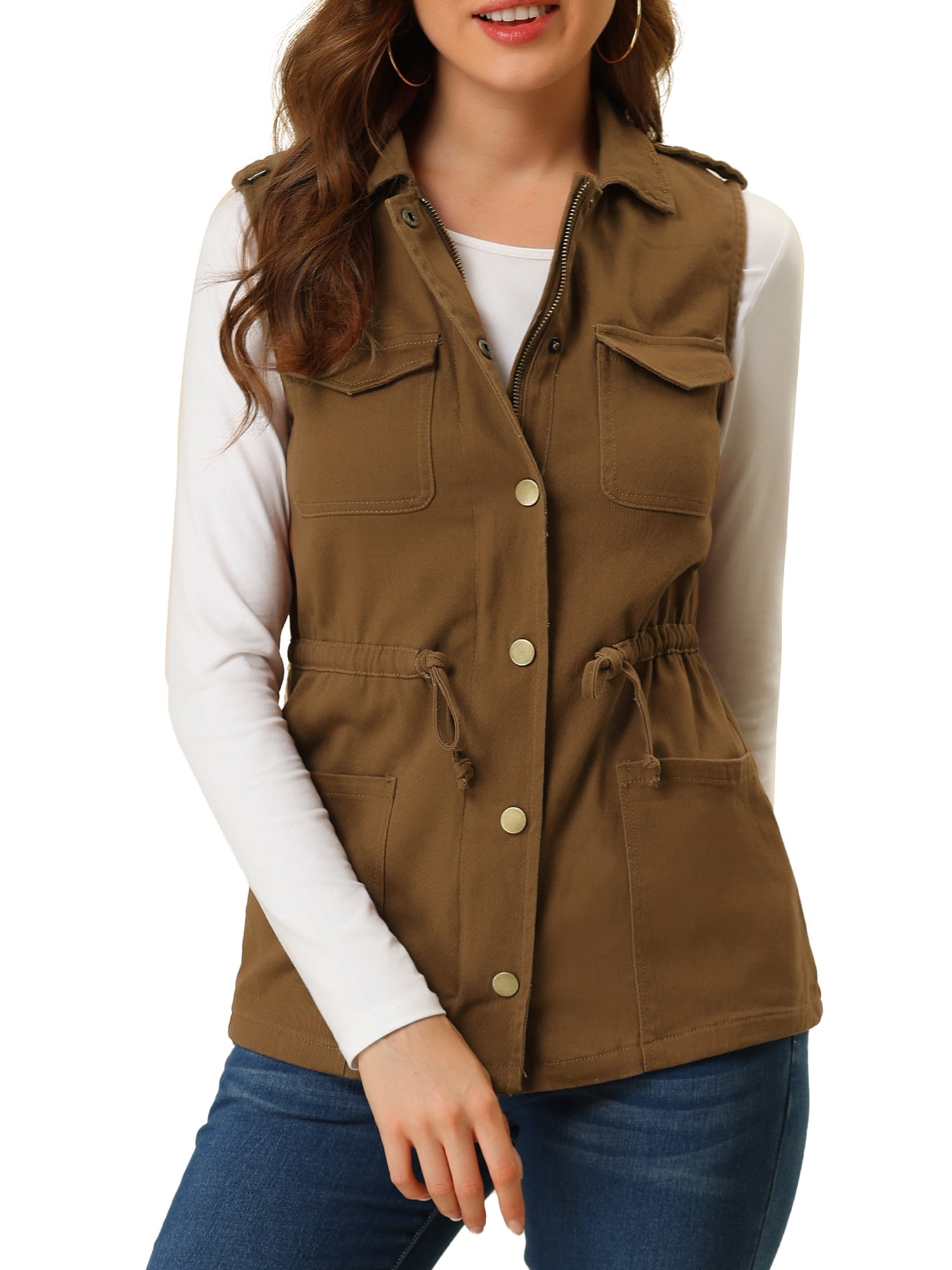 INSPIRE CHIC Women's Sleeveless Jacket Drawstring Waist Zip Up Cotton ...