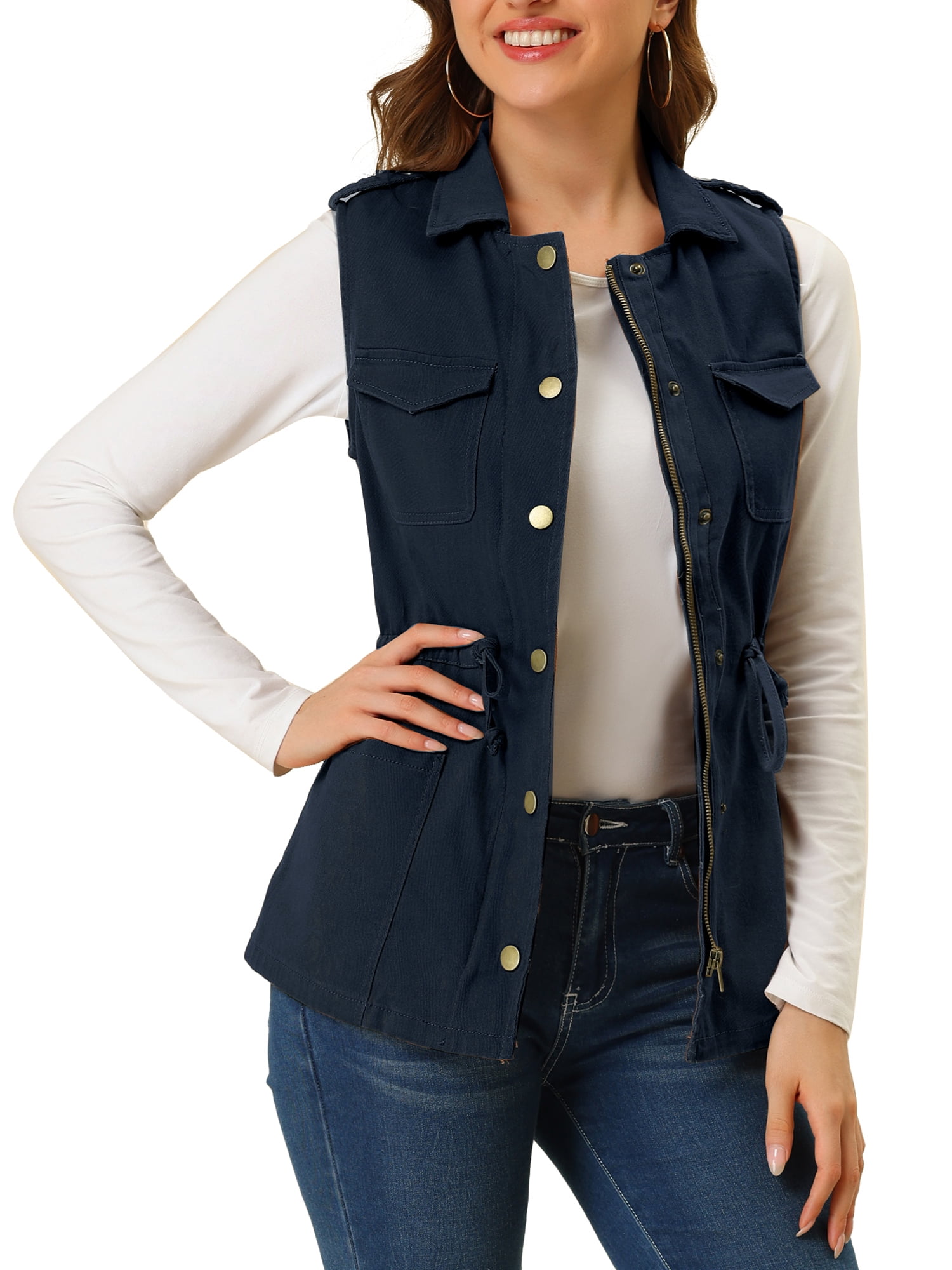 Allegra K Women's Sleeveless Zip Up Drawstring Waist Cargo Vest Jacket ...
