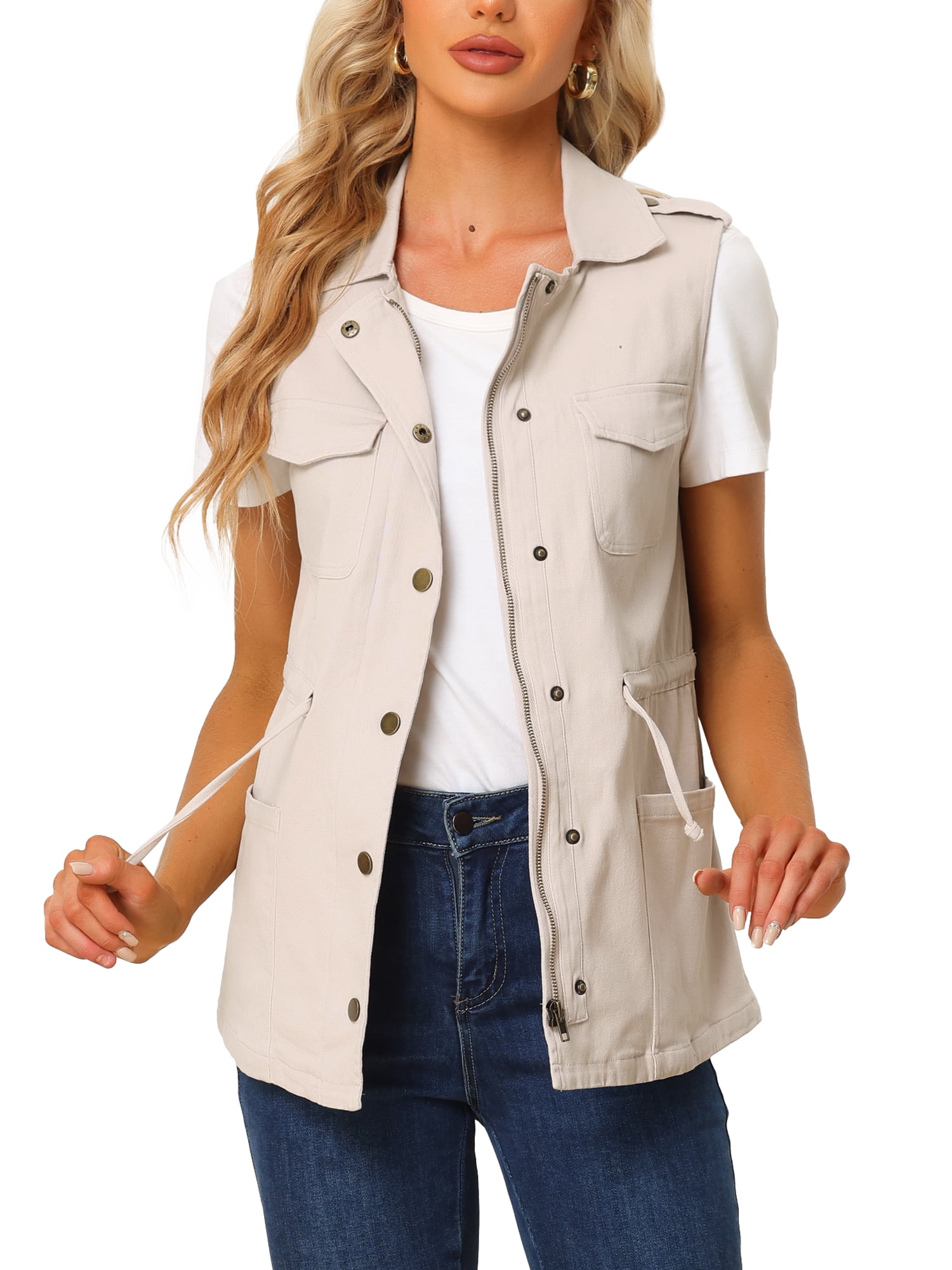 Allegra K Women's Sleeveless Zip Up Drawstring Waist Cargo Vest Jacket ...