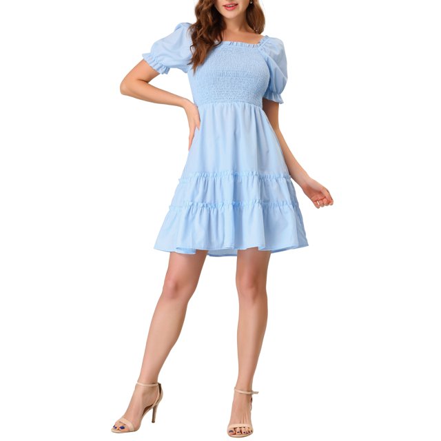 Allegra K Womens Smocked Puff Sleeve Square Neck Ruffled Tiered