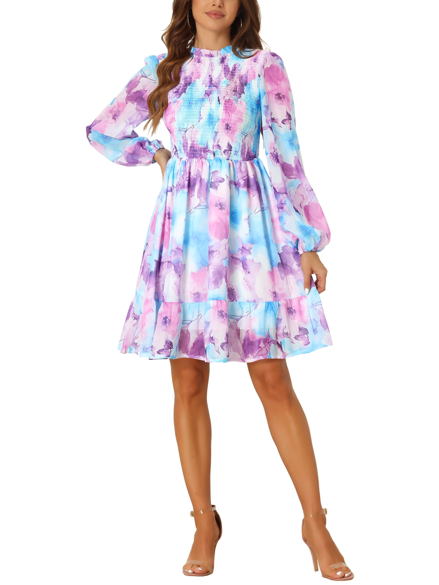 Allegra K Women's Smocked Ruffle Neck Long Sleeve Floral Chiffon Dress ...
