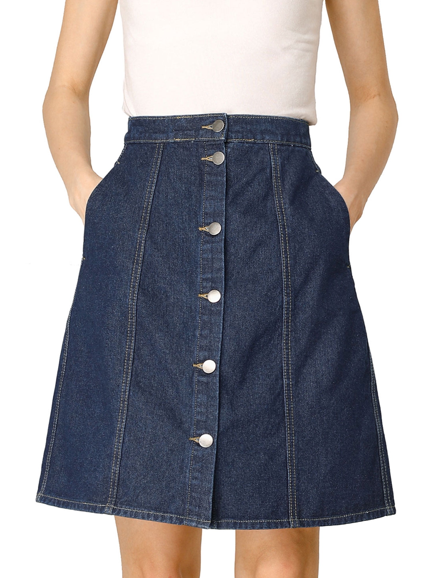 INSPIRE CHIC Women's Denim Skirt, High Waist Button Front Navy Blue M ...