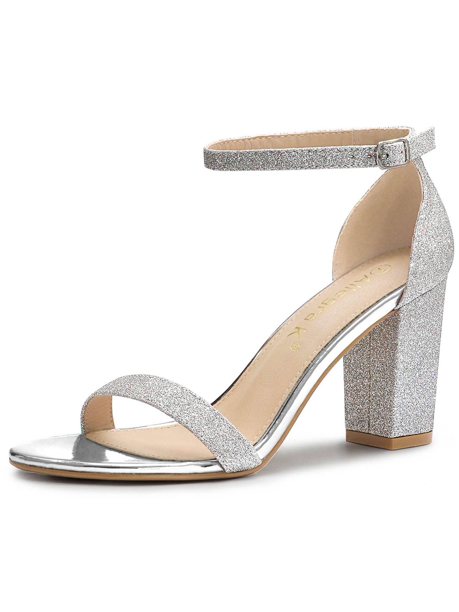 BLISSFUL STEP Women's Shoes Ankle Strap Open Toe Block Heel Glitter ...