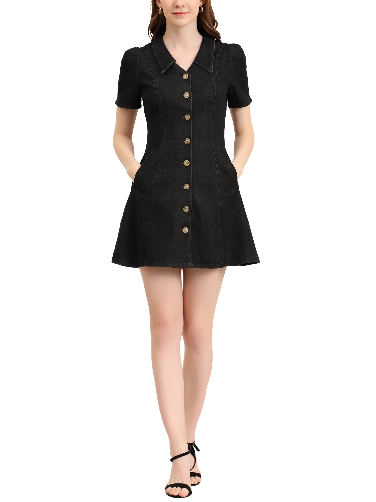 Allegra K Women's Fit and Flare Denim Dress, Solid Color, Turn Down ...