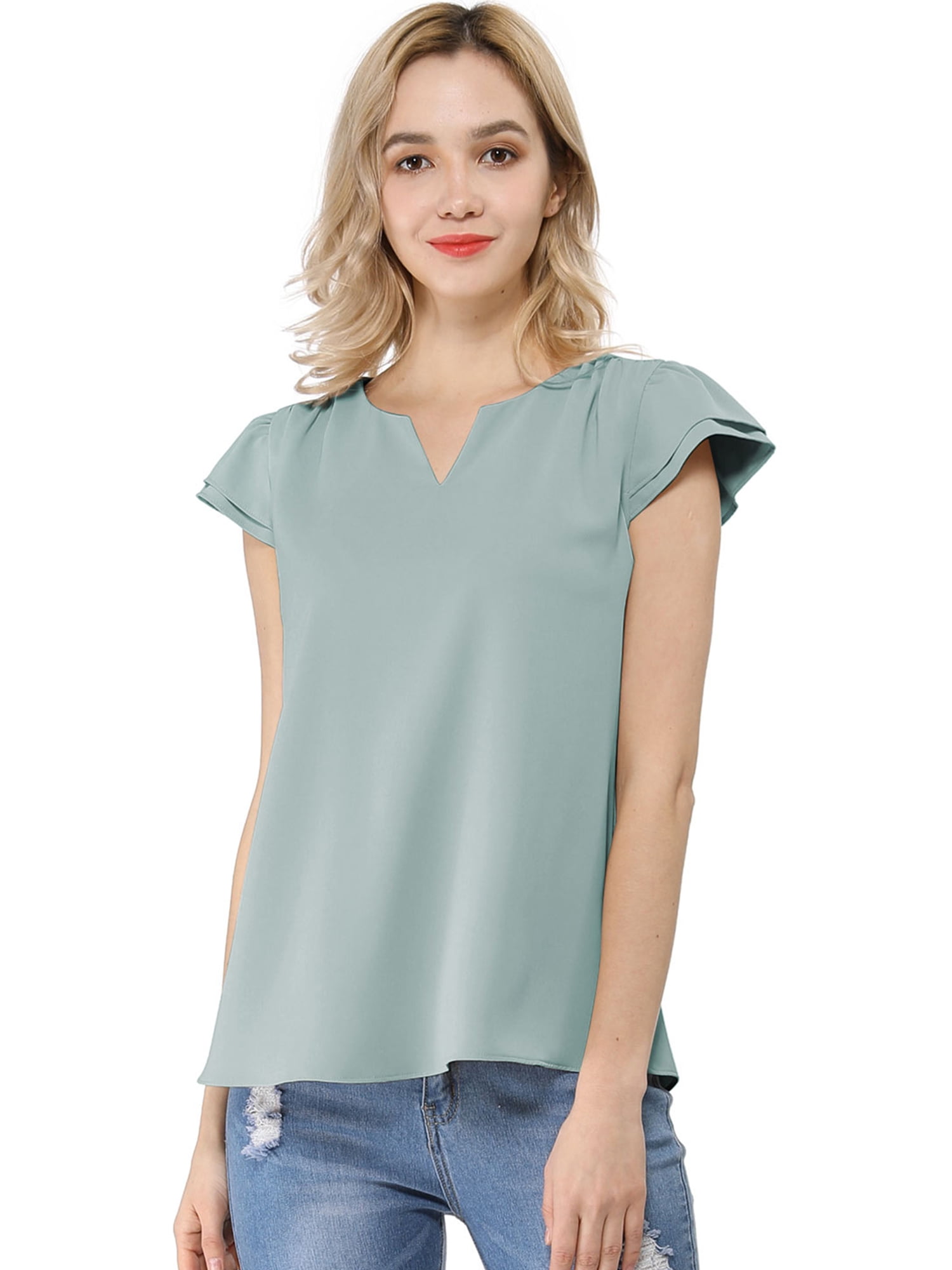 INSPIRE CHIC Women's Solid Blouse V Neck Ruffle Cap Sleeve Lightweight ...