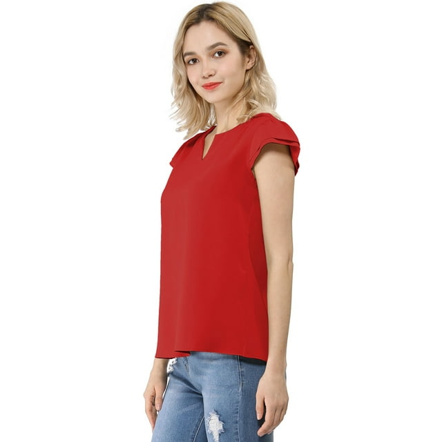 Allegra K Womens Solid V Neck Cap Short Sleeves Work Blouse