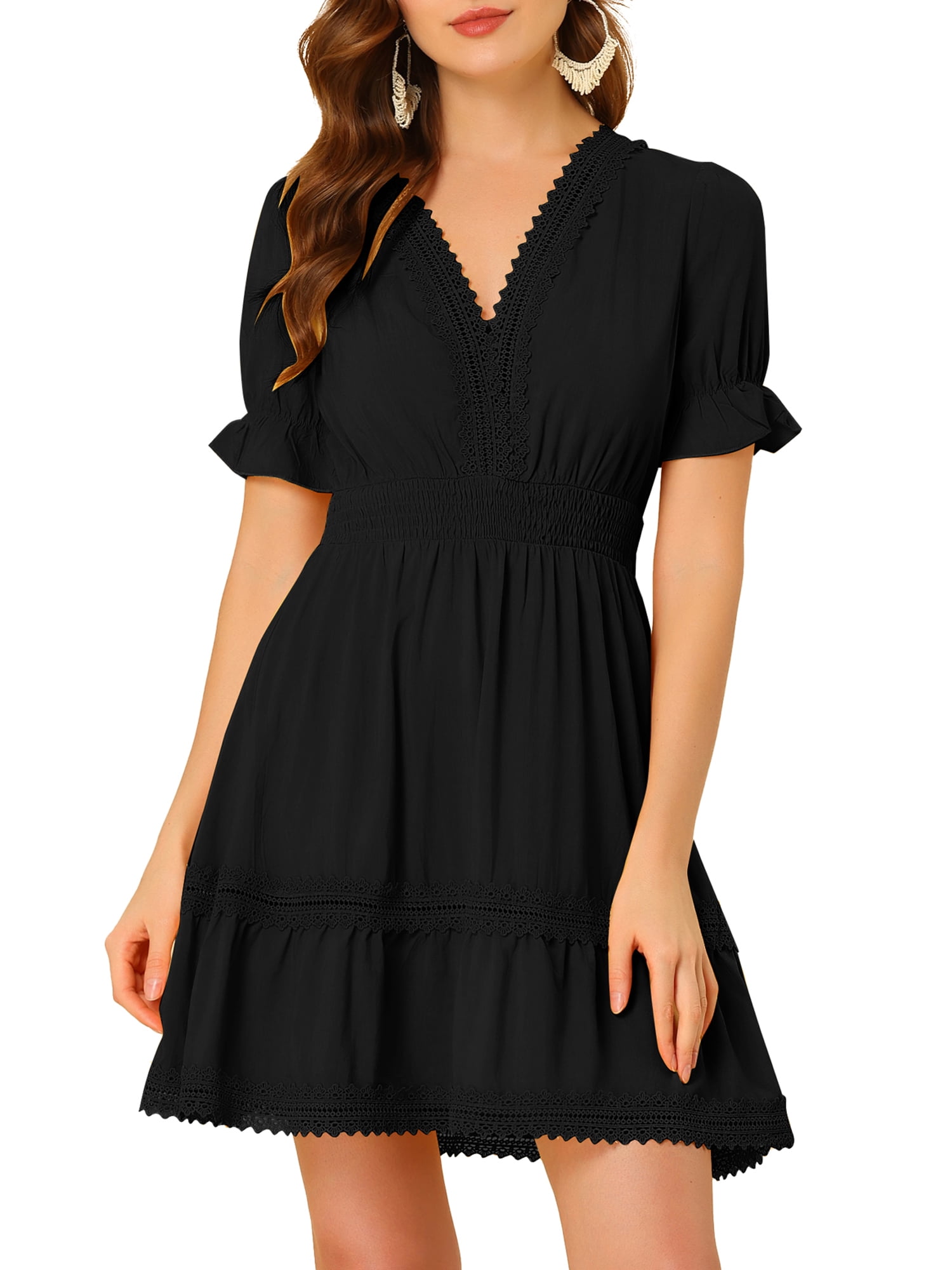 Allegra K Women's Solid V Neck Smocked Elastic Waist Short Sleeve Mini ...