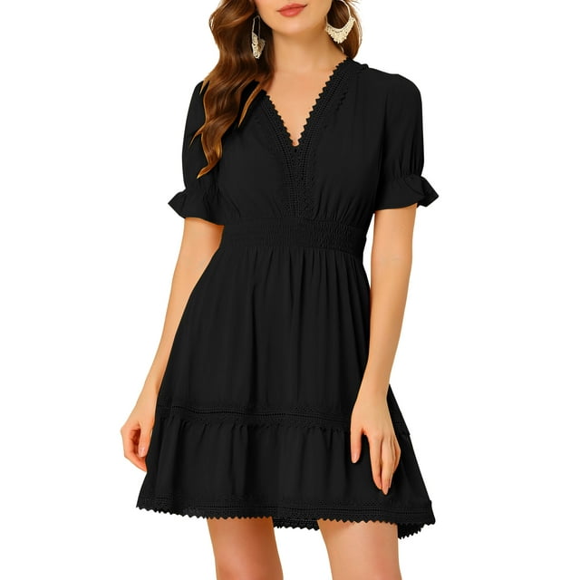 Allegra K Women's Solid V Neck Smocked Elastic Waist Short Sleeve Mini Dress - Walmart.com