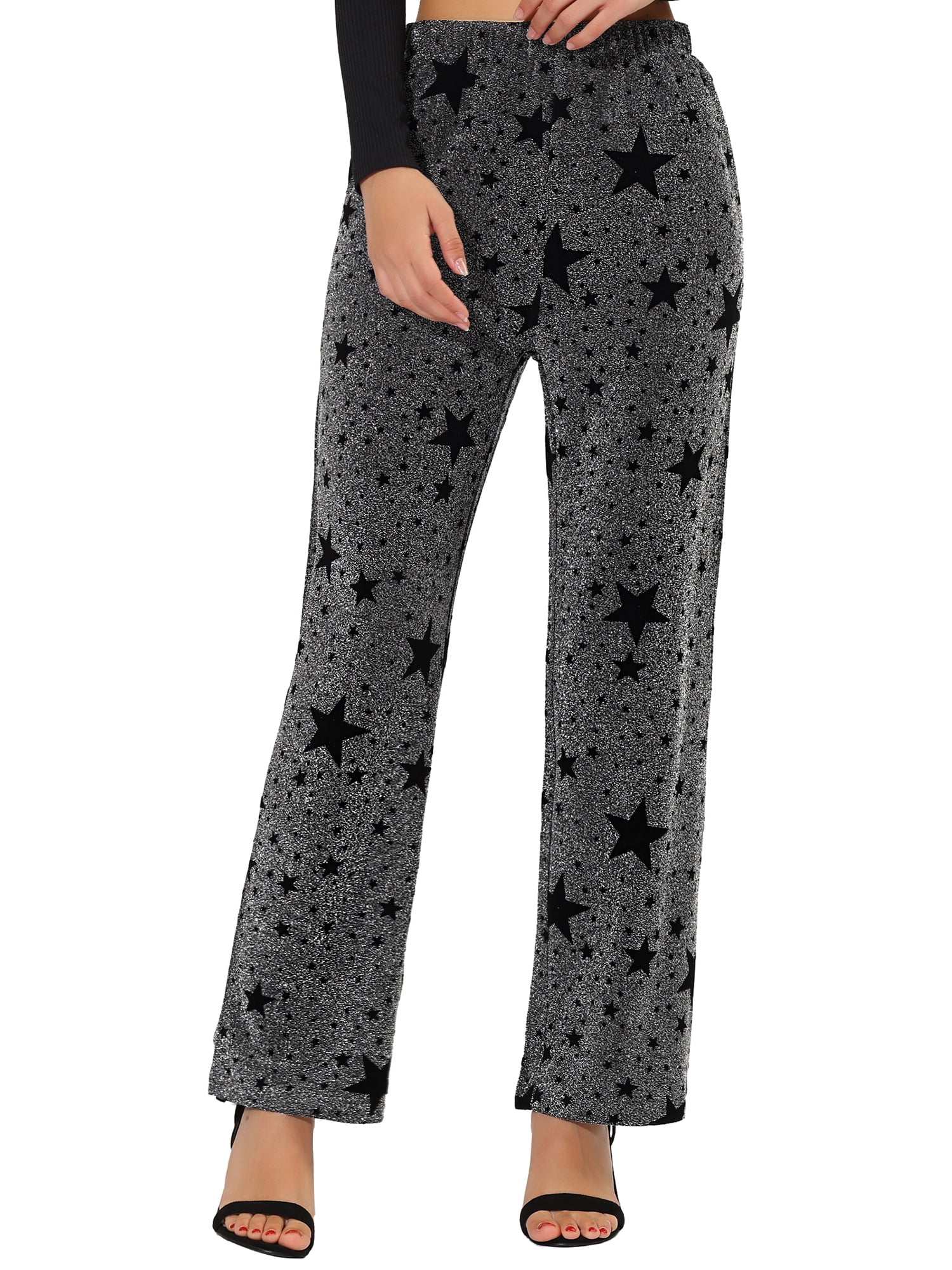 Allegra K Women's Sparkle High Waist Wide Leg Stretch Shiny Party Star ...