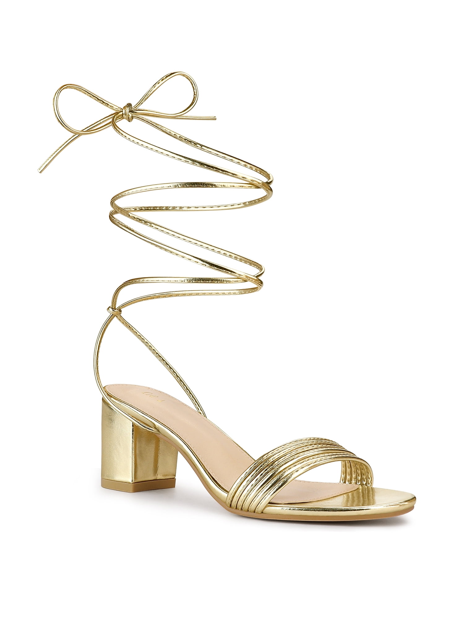 BLISSFUL STEP Women's Sparkle Strappy Lace Up Block Heel Sandals Gold 9 ...