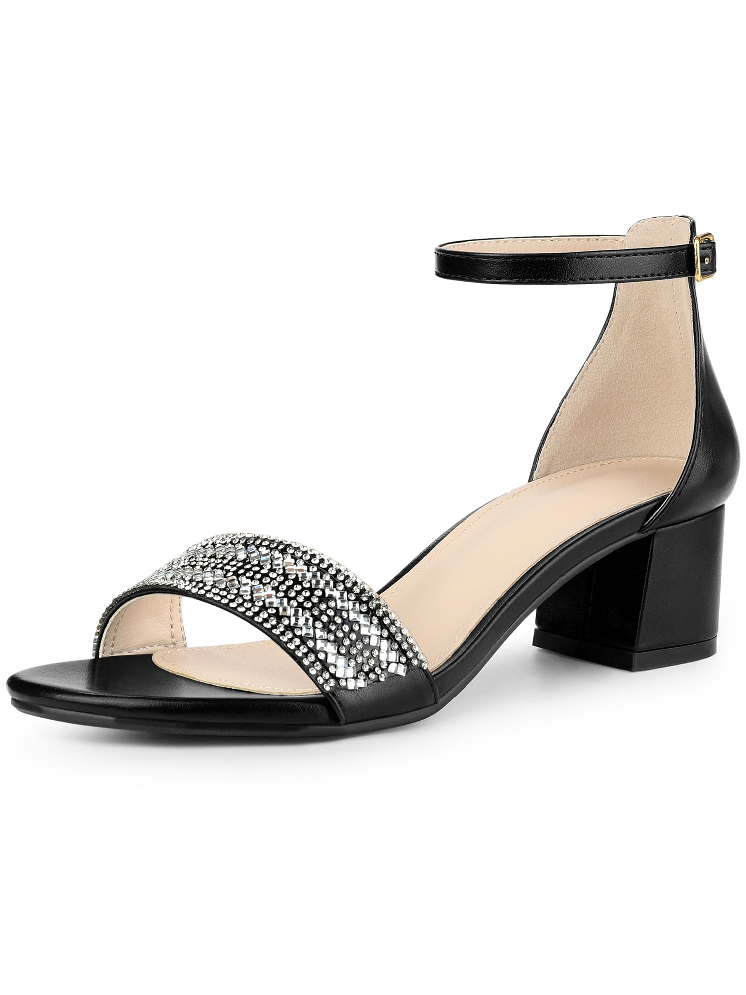 BLISSFUL STEP Glittering Ankle Strap Block Heel Open Toe Sandals for ...