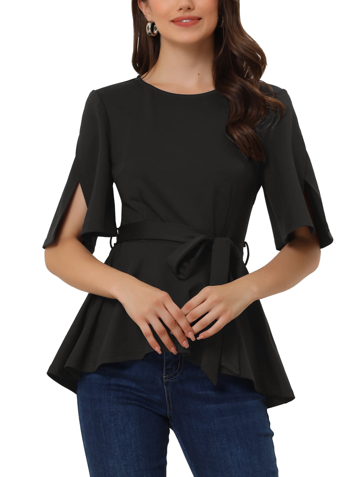 Allegra K Women's Split Half Sleeve Crew Neck Belted Knot Drap Casual ...