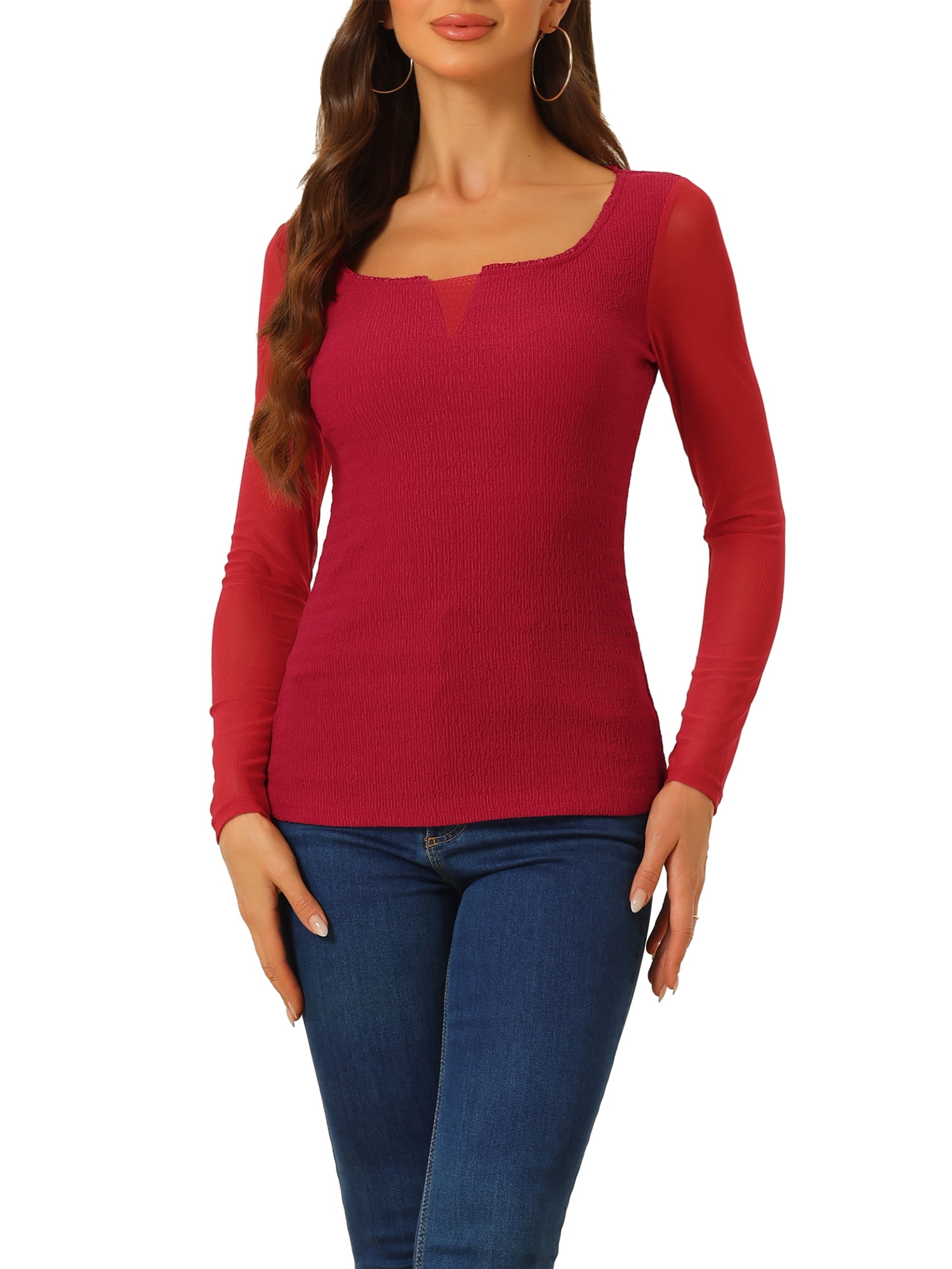 INSPIRE CHIC Women's Square Neck Blouses Sheer Mesh Long Sleeve Slim ...
