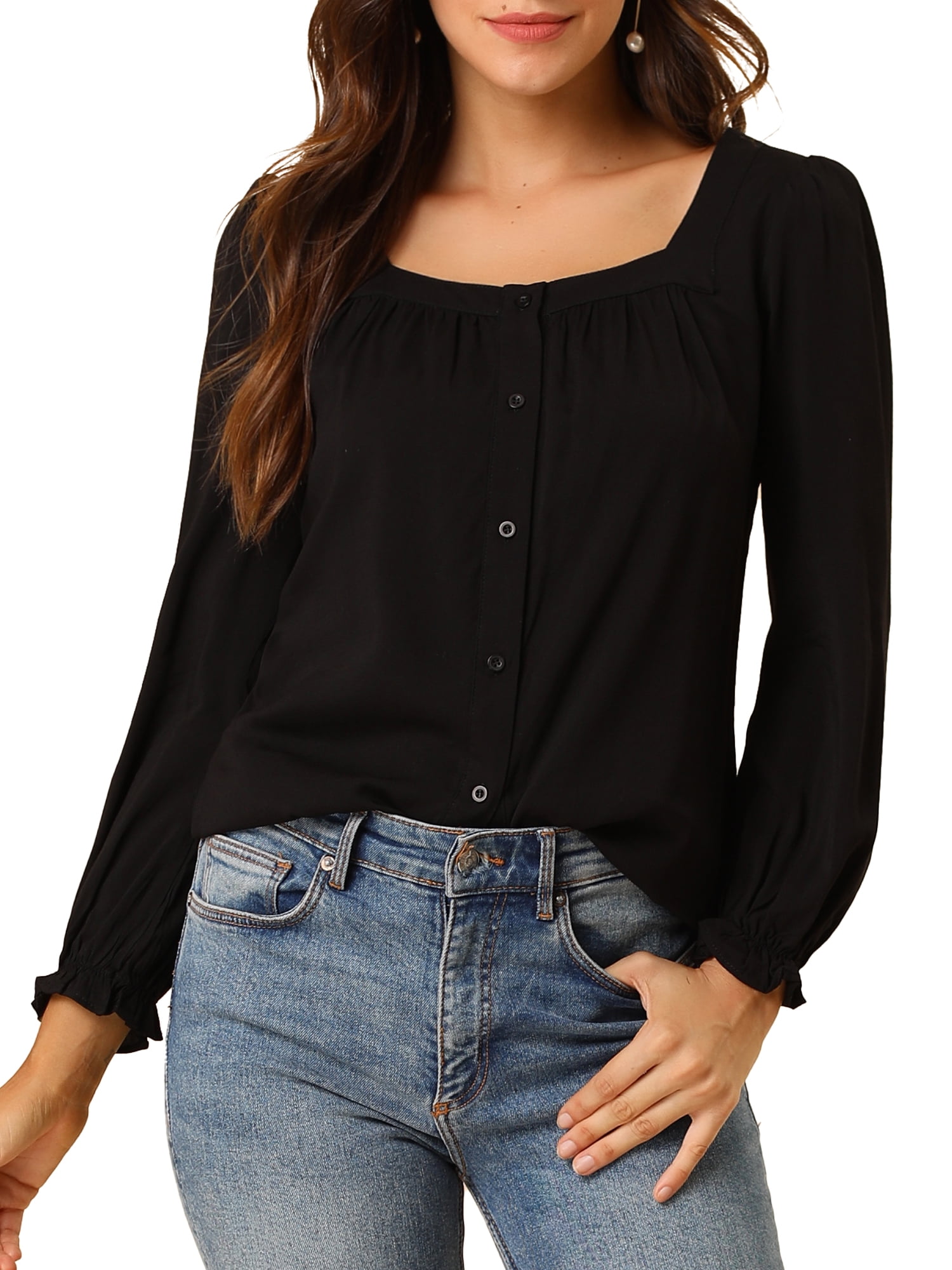 Allegra K Women's Square Neck Button Tie Back Puff Sleeve Vintage ...