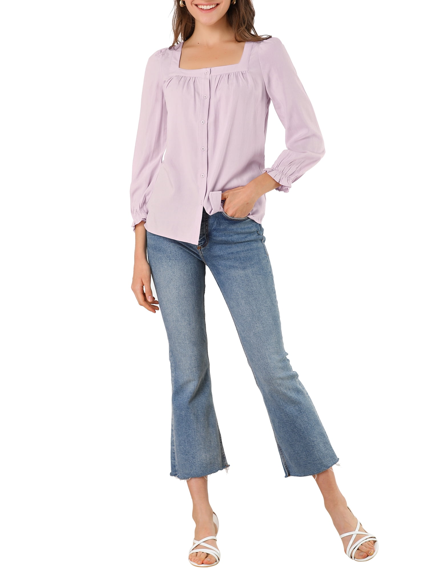 Allegra K Women's Square Neck Button Tie Back Puff Sleeve Vintage ...