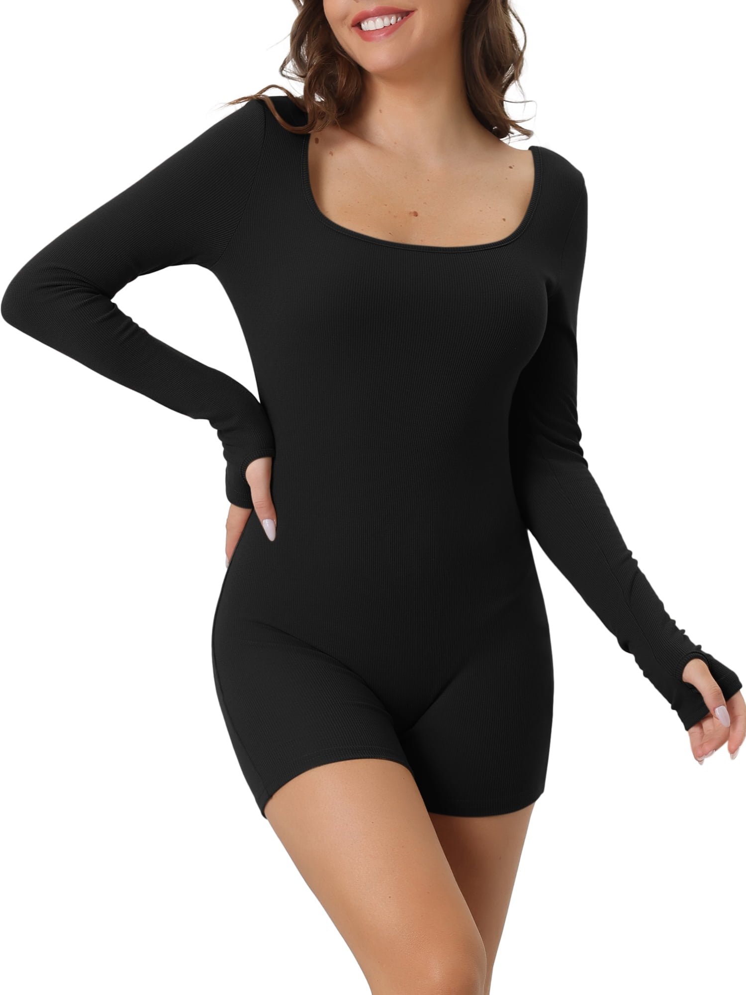 Allegra K Women's Square Neck Full Bodysuits Tummy Control Slimming ...