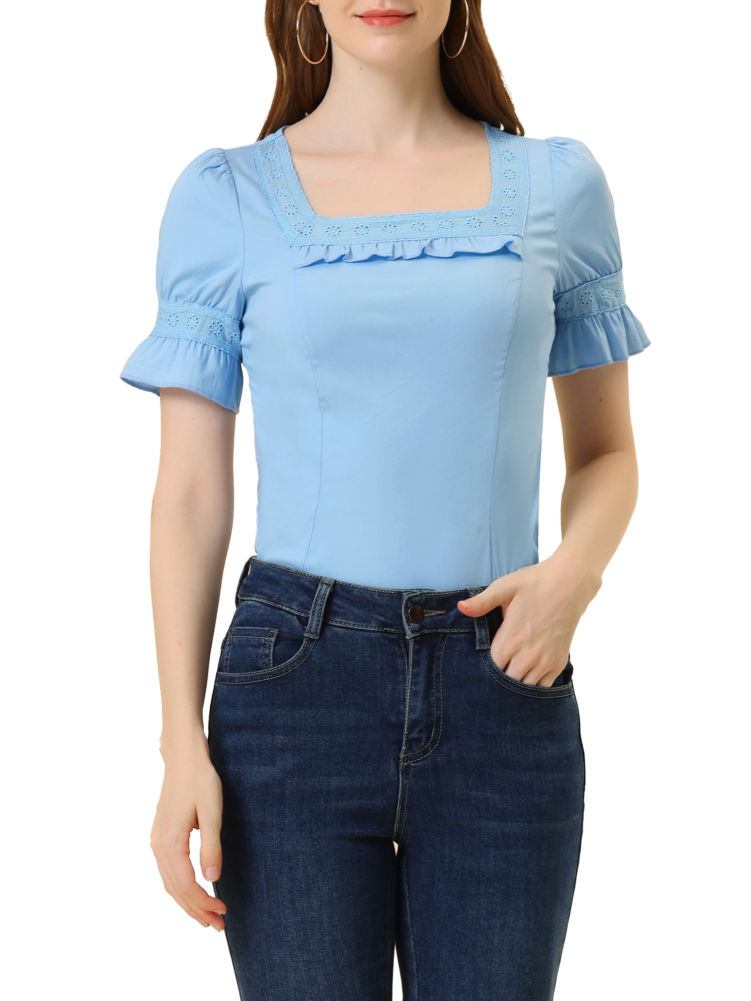 Allegra K Women's Square Neck Lace Crochet Puff Short Sleeve Ruffle ...