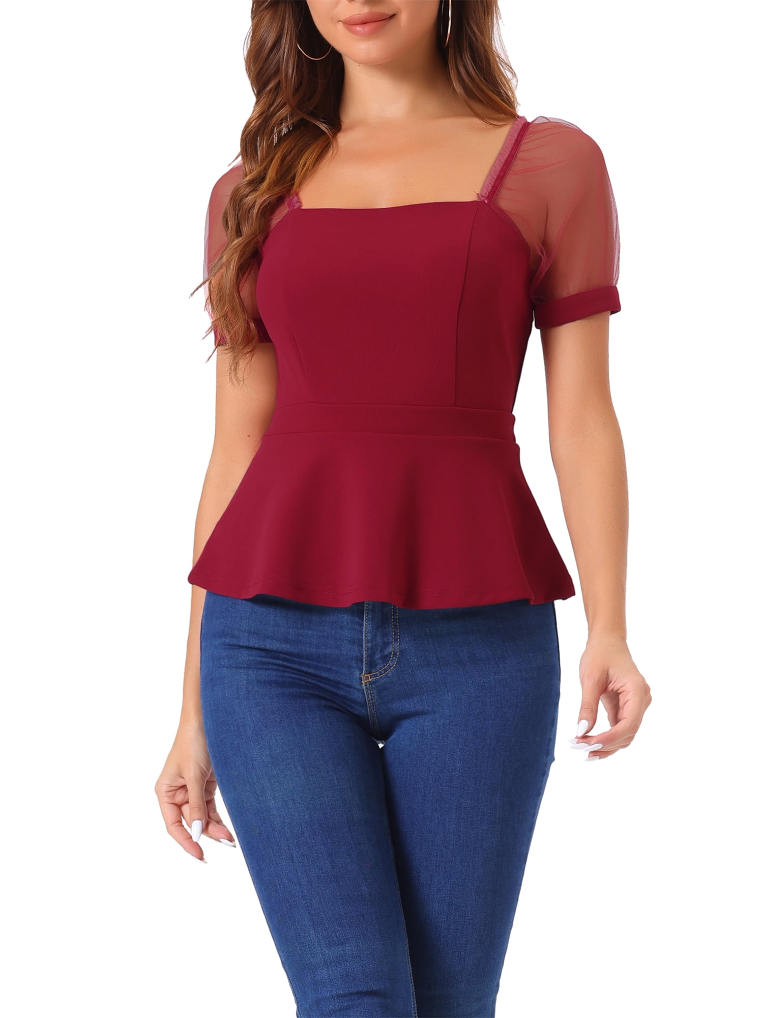 INSPIRE CHIC Women's Square Neck Puff Sleeve Peplum Top XS Dark Red ...