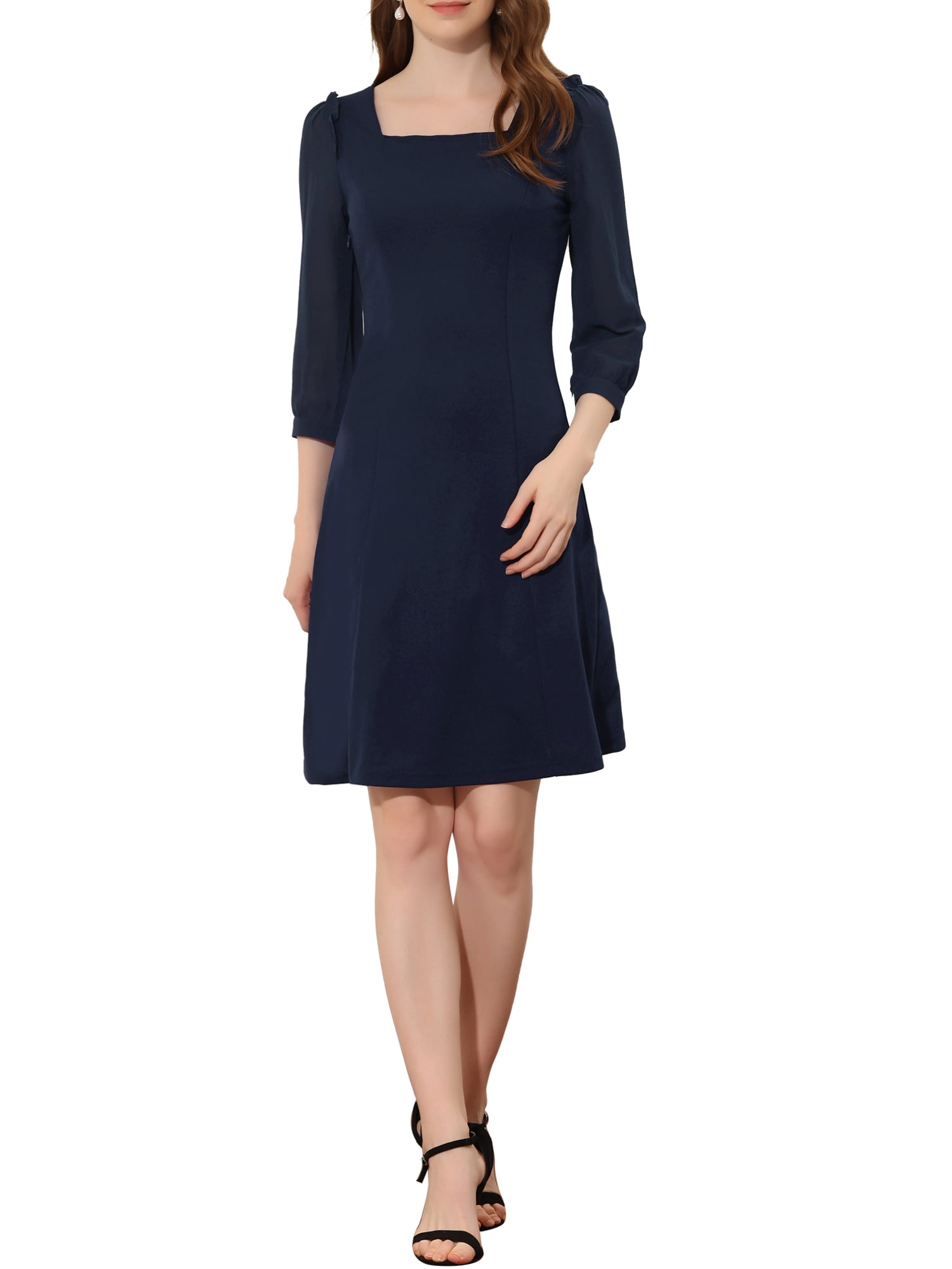 Allegra K Women's Square Neck Ruffle Trim Sheer 3/4 Sleeve Chiffon Mini ...