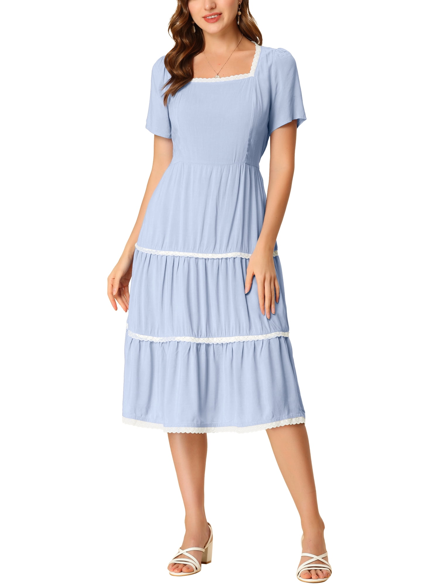 INSPIRE CHIC Women's Square Neck Short Sleeve Lace Trim Tiered Midi ...