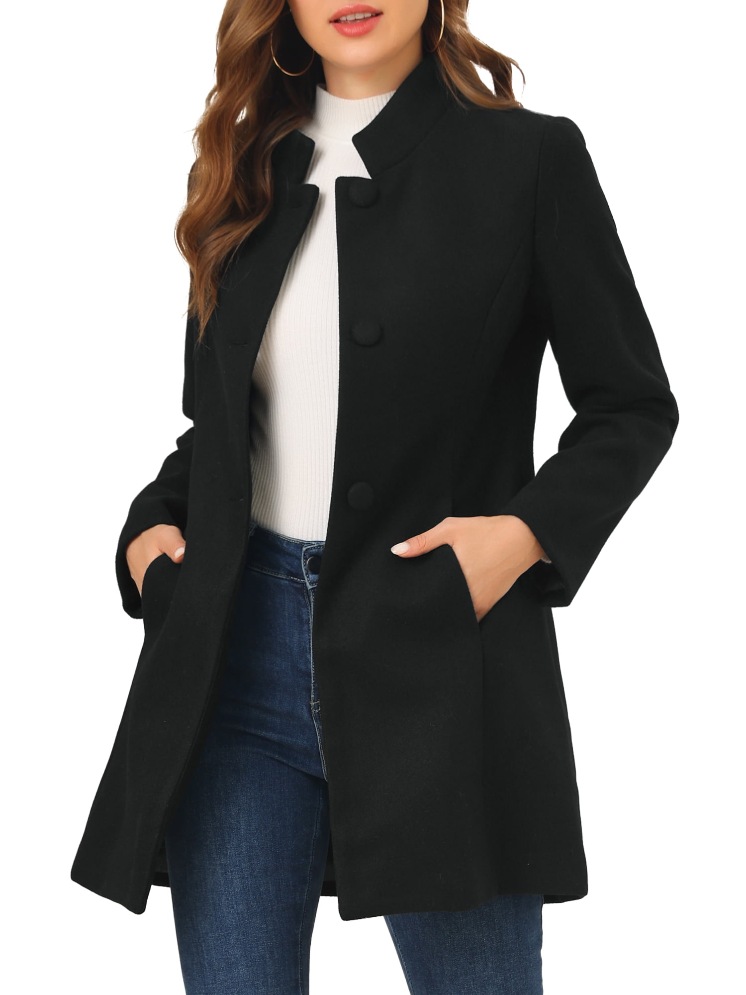 Allegra K Women's Elegant Stand Collar Overcoat with Long Sleeves ...
