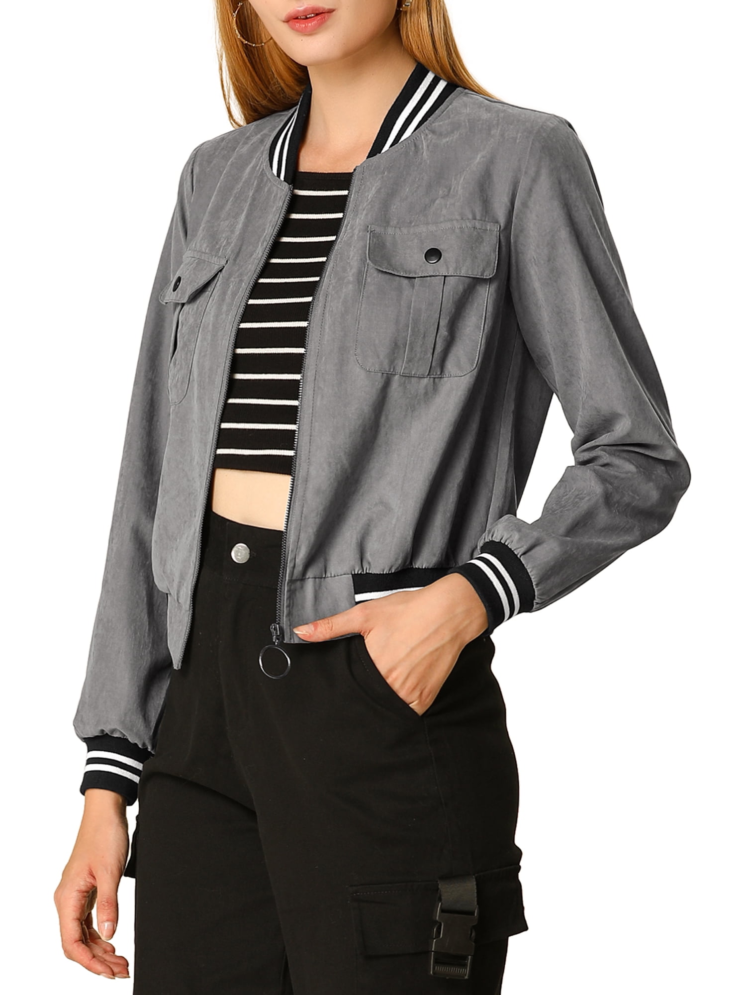 Allegra K Women's Stand Collar Long Sleeve Zip up Flap Pocket Bomber Jacket - Walmart.com