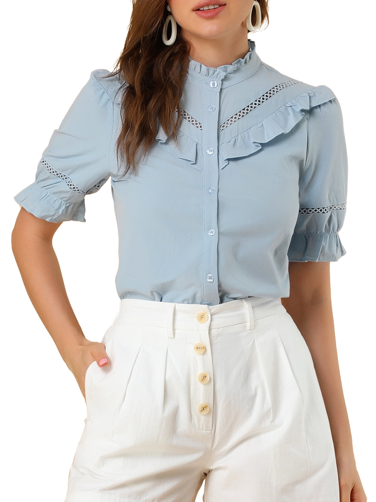 Allegra K Women's Stand Collar Short Sleeve Button Down Ruffle Neck ...