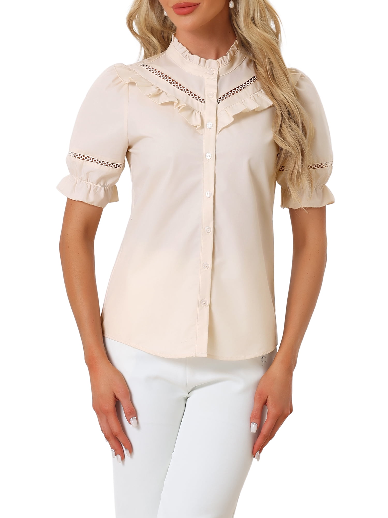 Allegra K Women's Stand Collar Short Sleeve Button Down Ruffle Neck ...