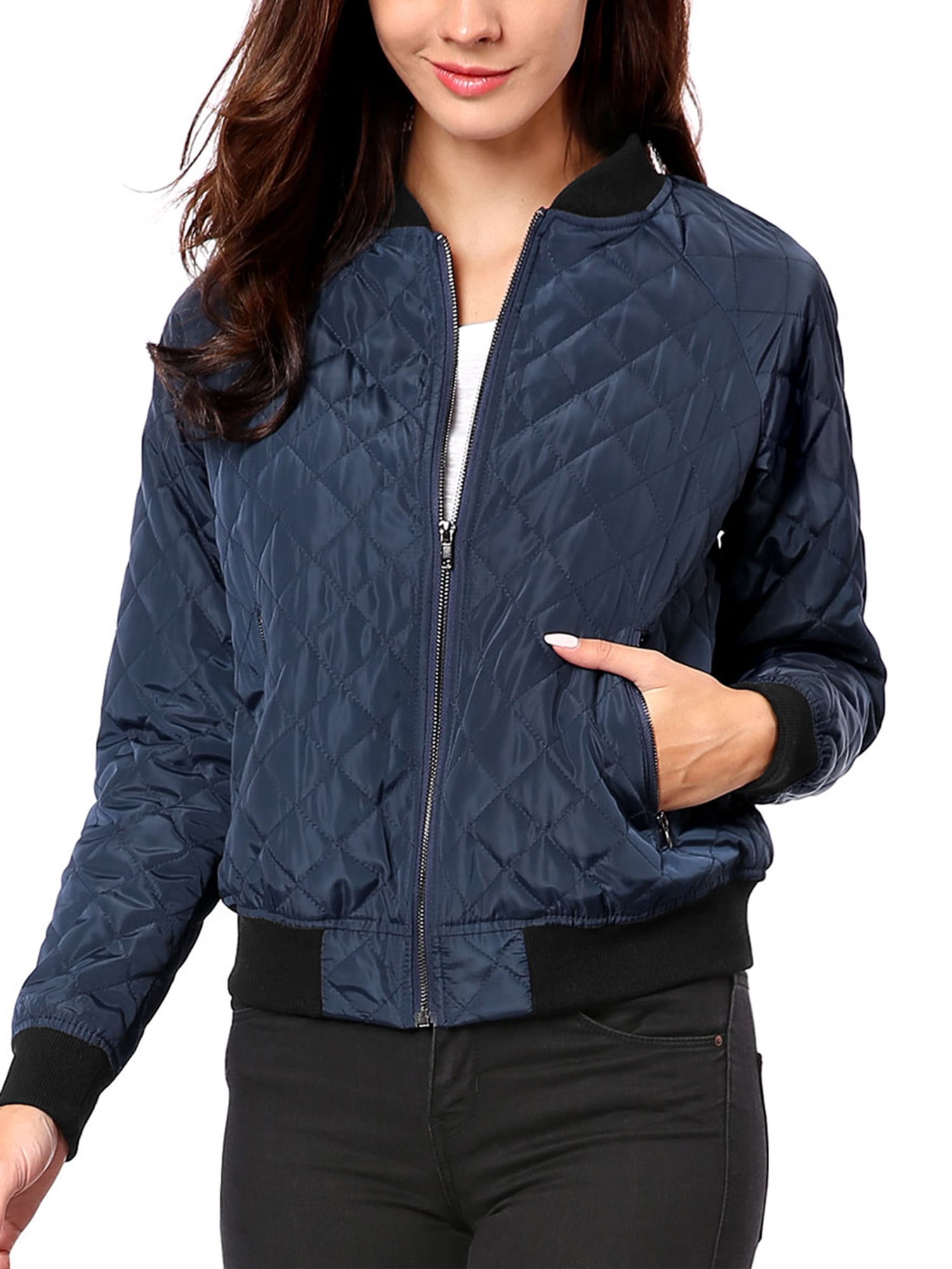Allegra K Women's Stand Collar Zip Up Raglan Sleeves Bomber Quilted ...