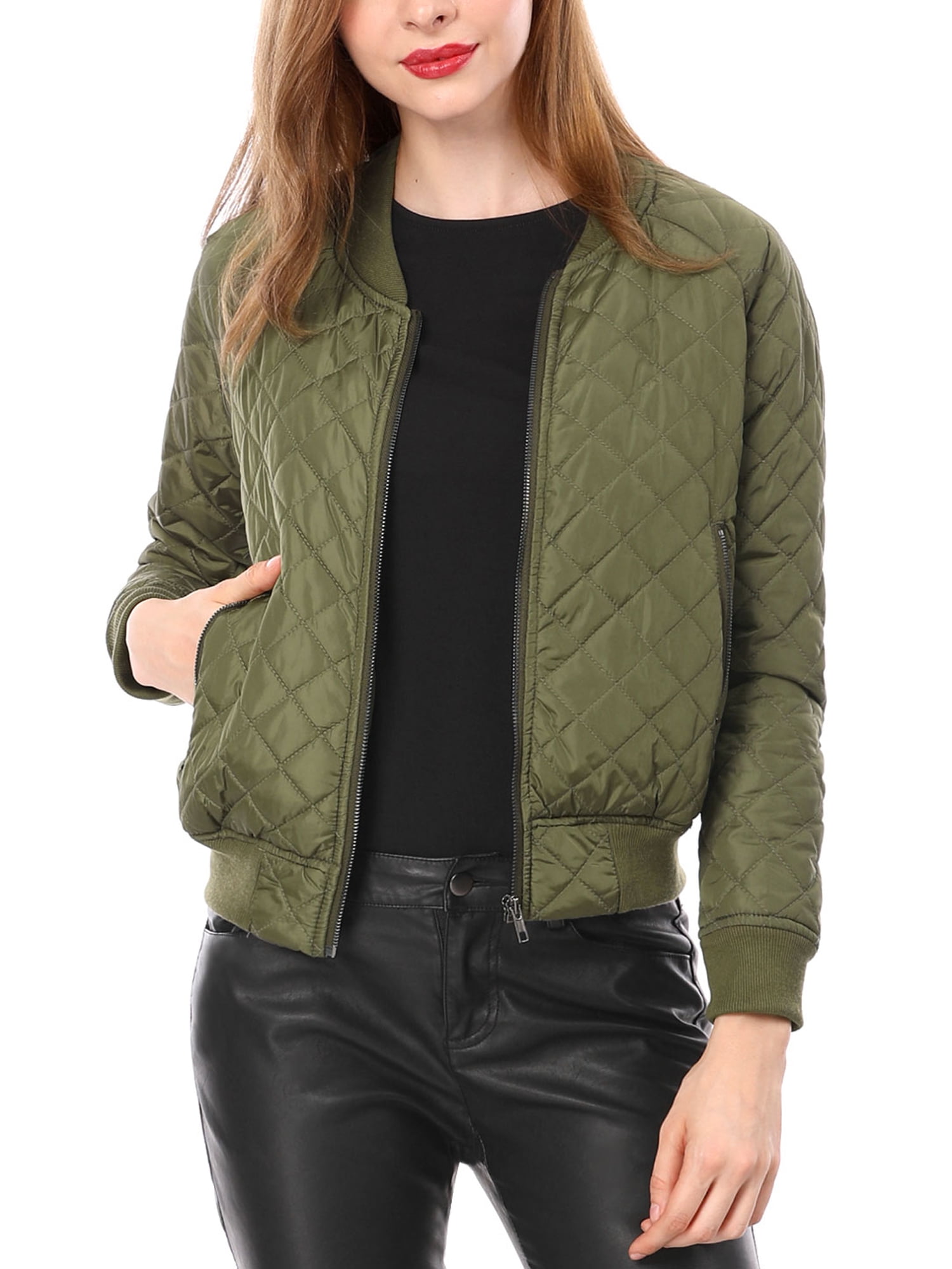 INSPIRE CHIC Women's Stand Collar Zip Up Raglan Sleeves Bomber Quilted ...